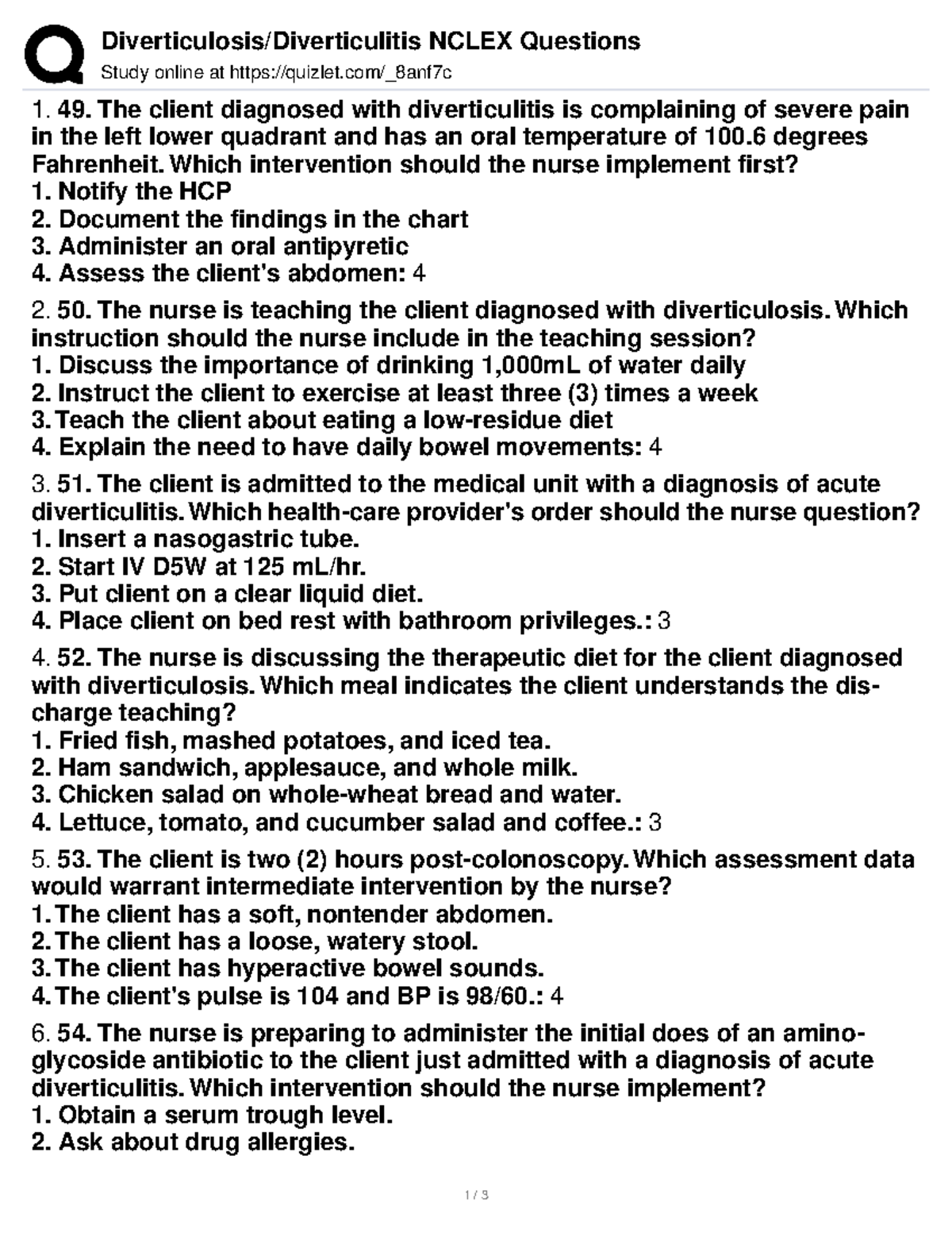 Diverticulitis/Diverticulosis NCLEX Review Questions (NURS 101) - Studocu