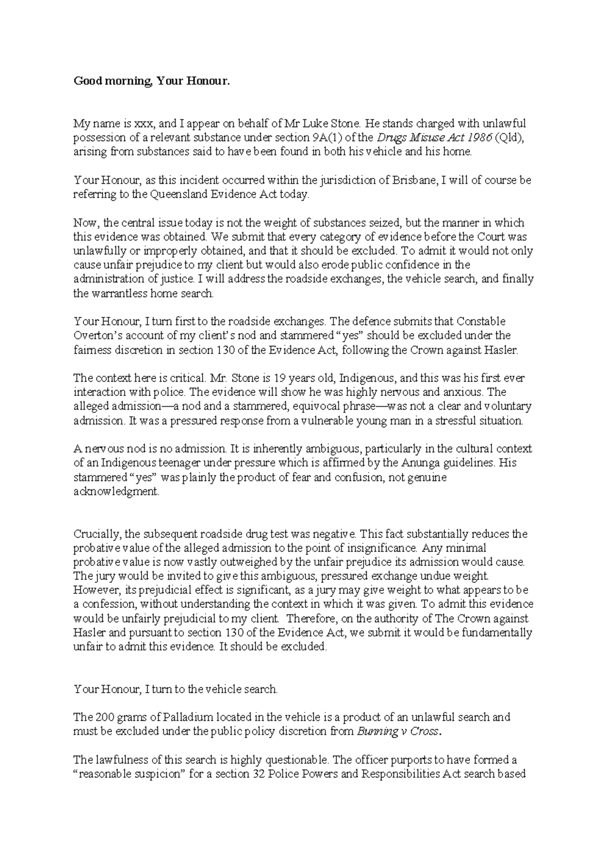 LLB303 Final Exam Video Advocacy Script on Evidence Law - Studocu