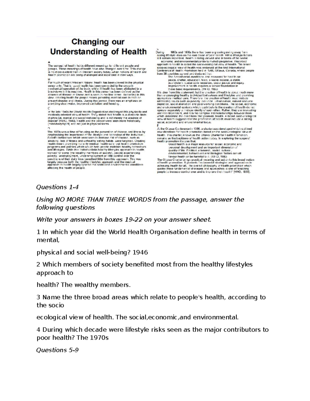 Health Questions & Answers: 1946, Lifestyle Risks, Socio-Ecological ...