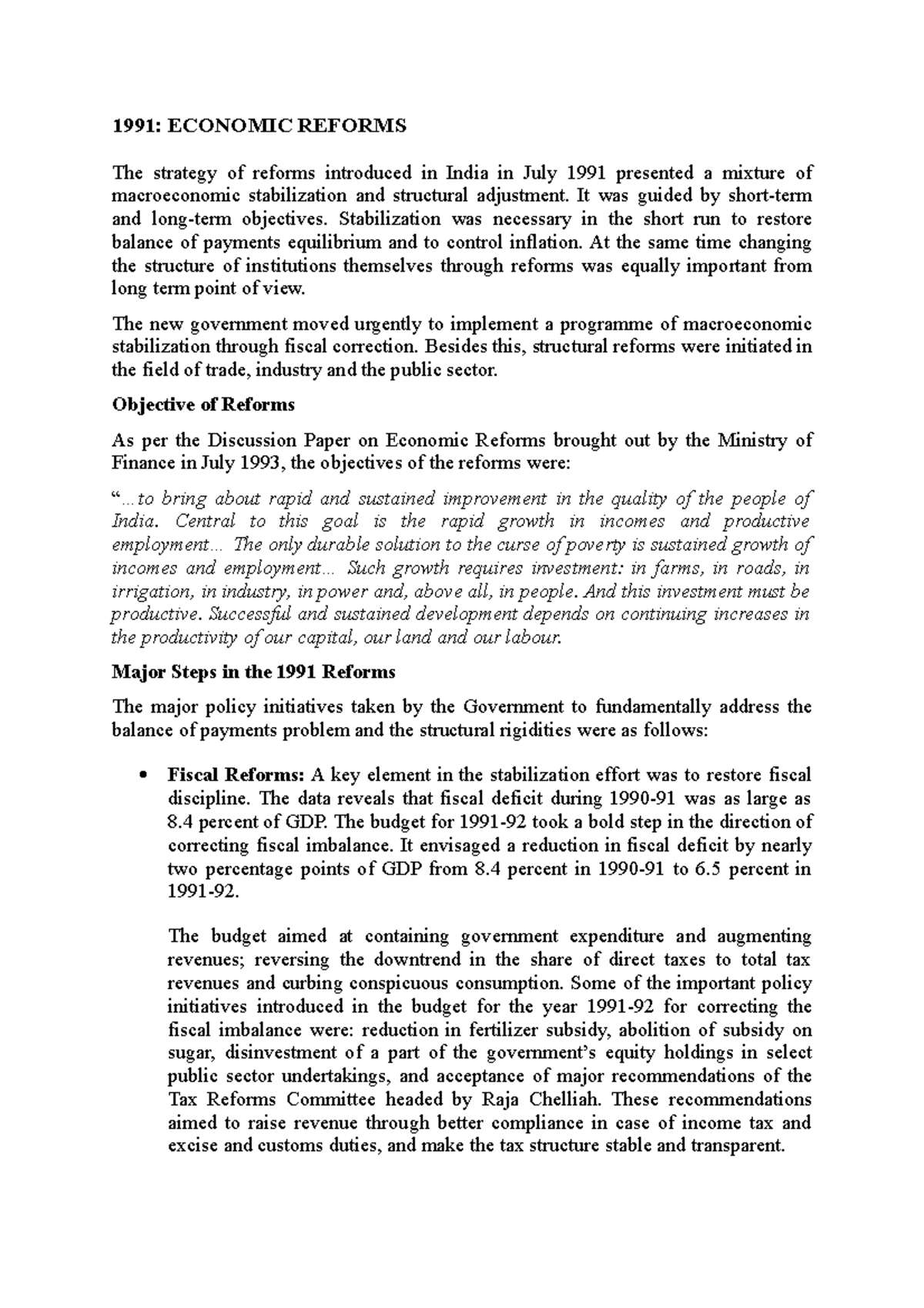 1991 Economic Reforms - Lecture Notes (Lecture 2-7) - Studocu