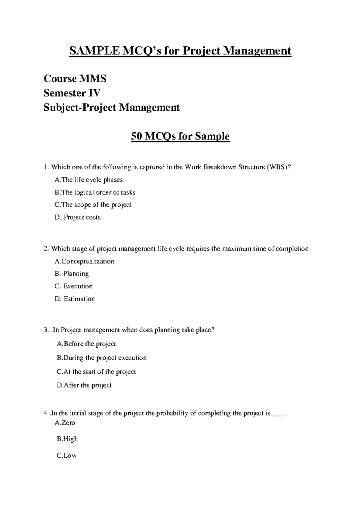 50 MCQs Sample for Project Management (MMS Sem IV) - Studocu
