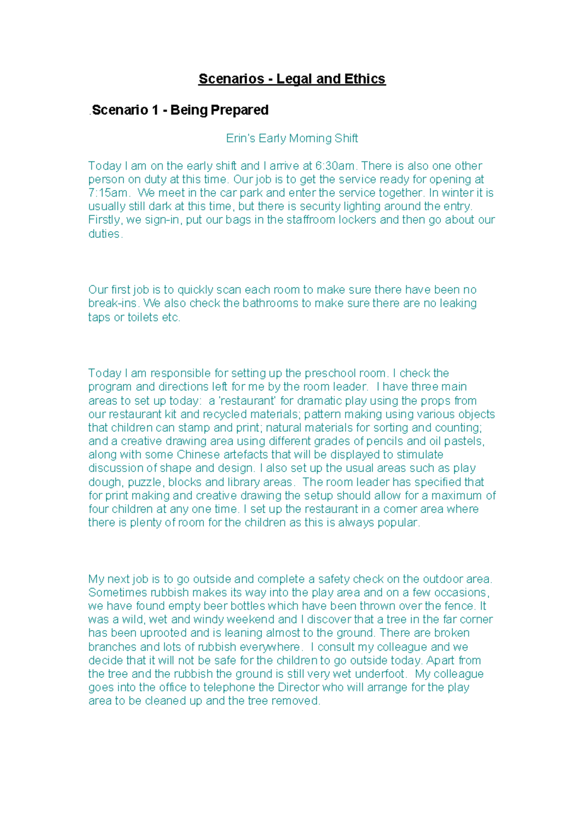 Scenarios in Legal and Ethics: Early Childhood Care Practices - Studocu