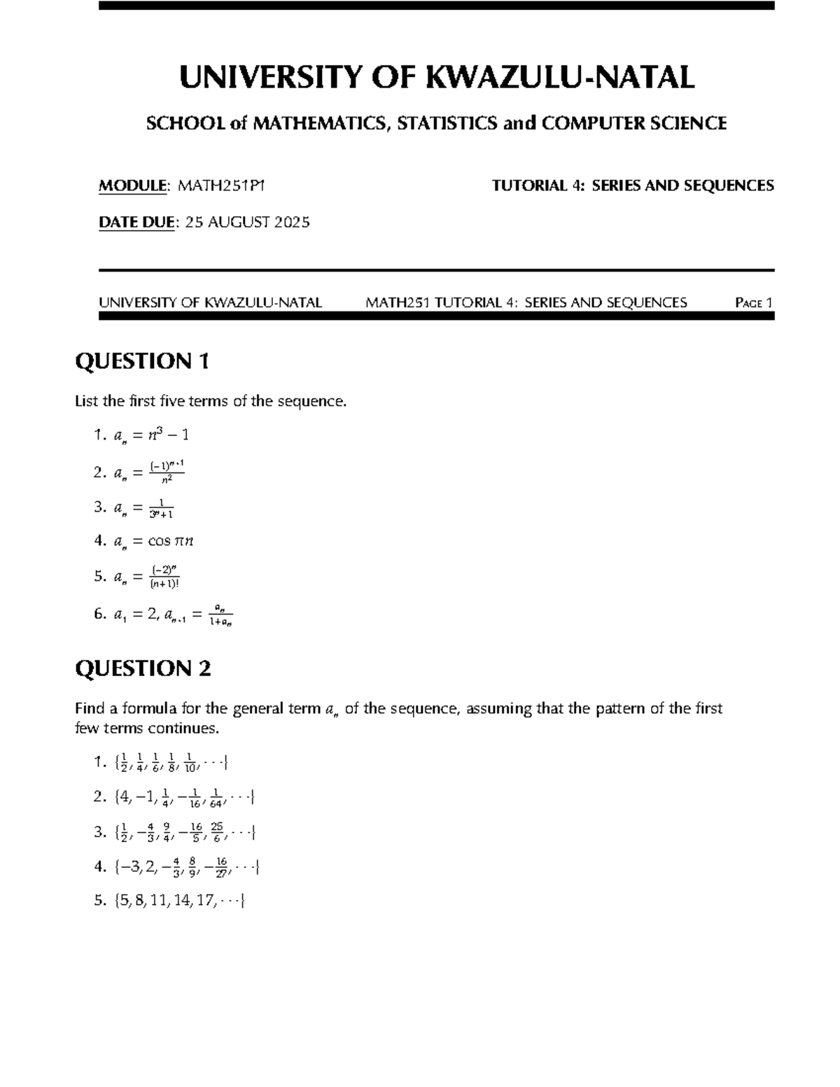 MATH251 Tutorial 4: Series and Sequences Analysis - Studocu
