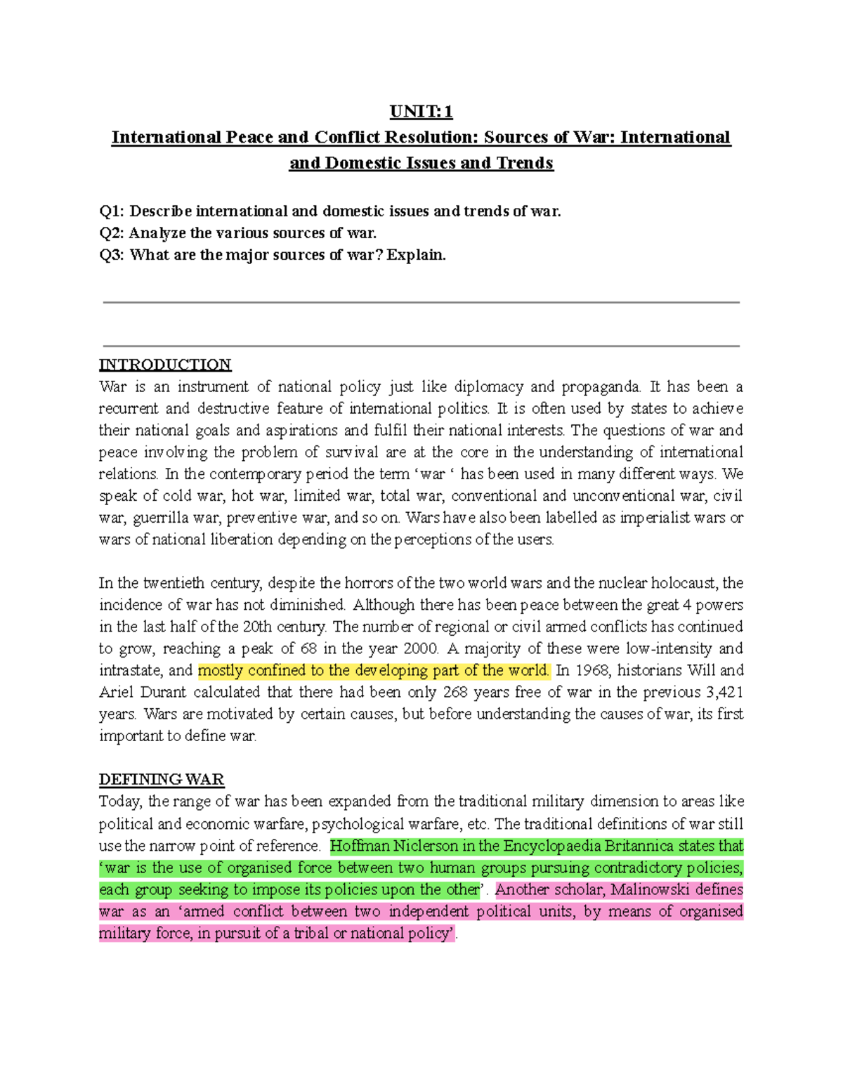 U1, Sources of war providing answer to all possible questions. - UNIT ...