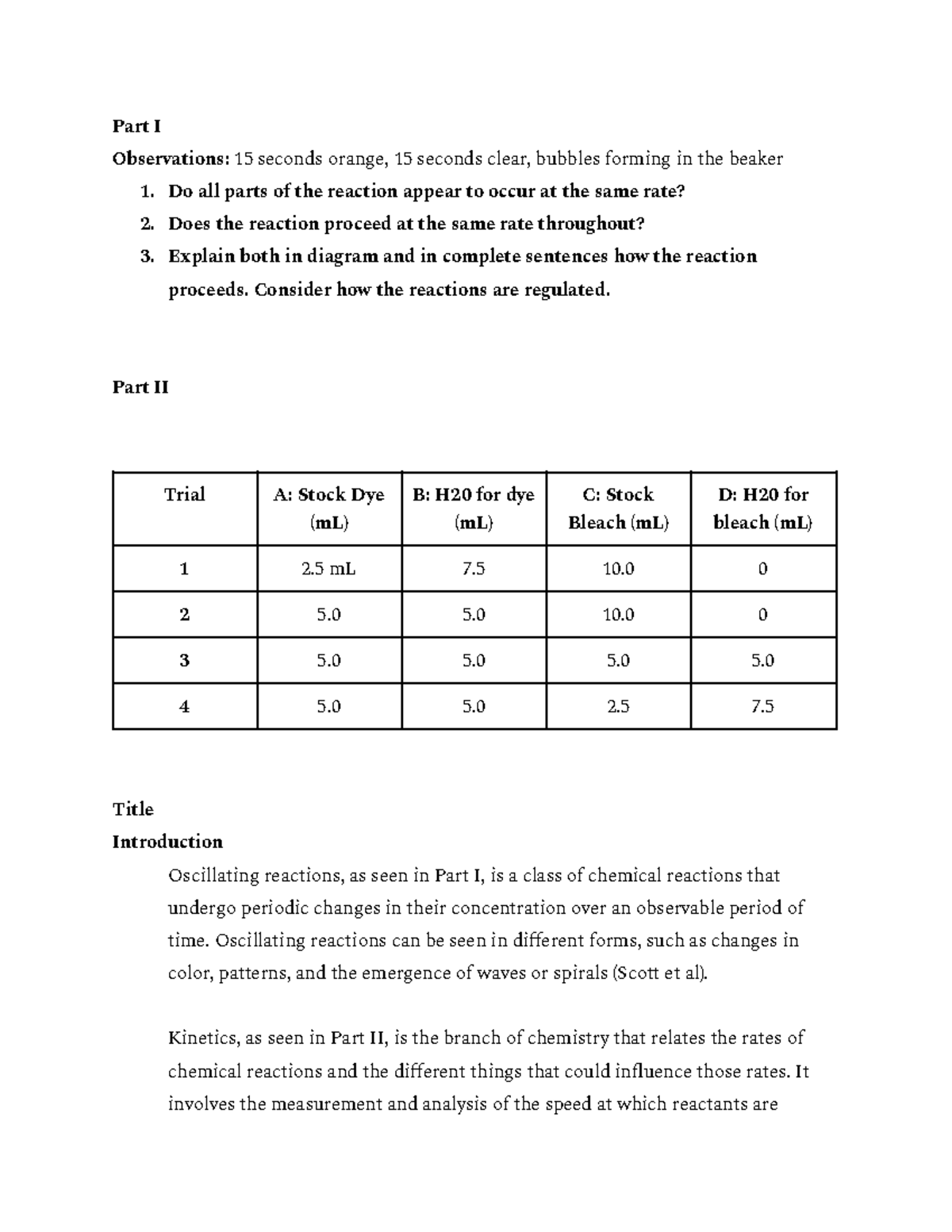 Chemistry 101 Lab Report: Directionality and Speed of Reactions - Studocu