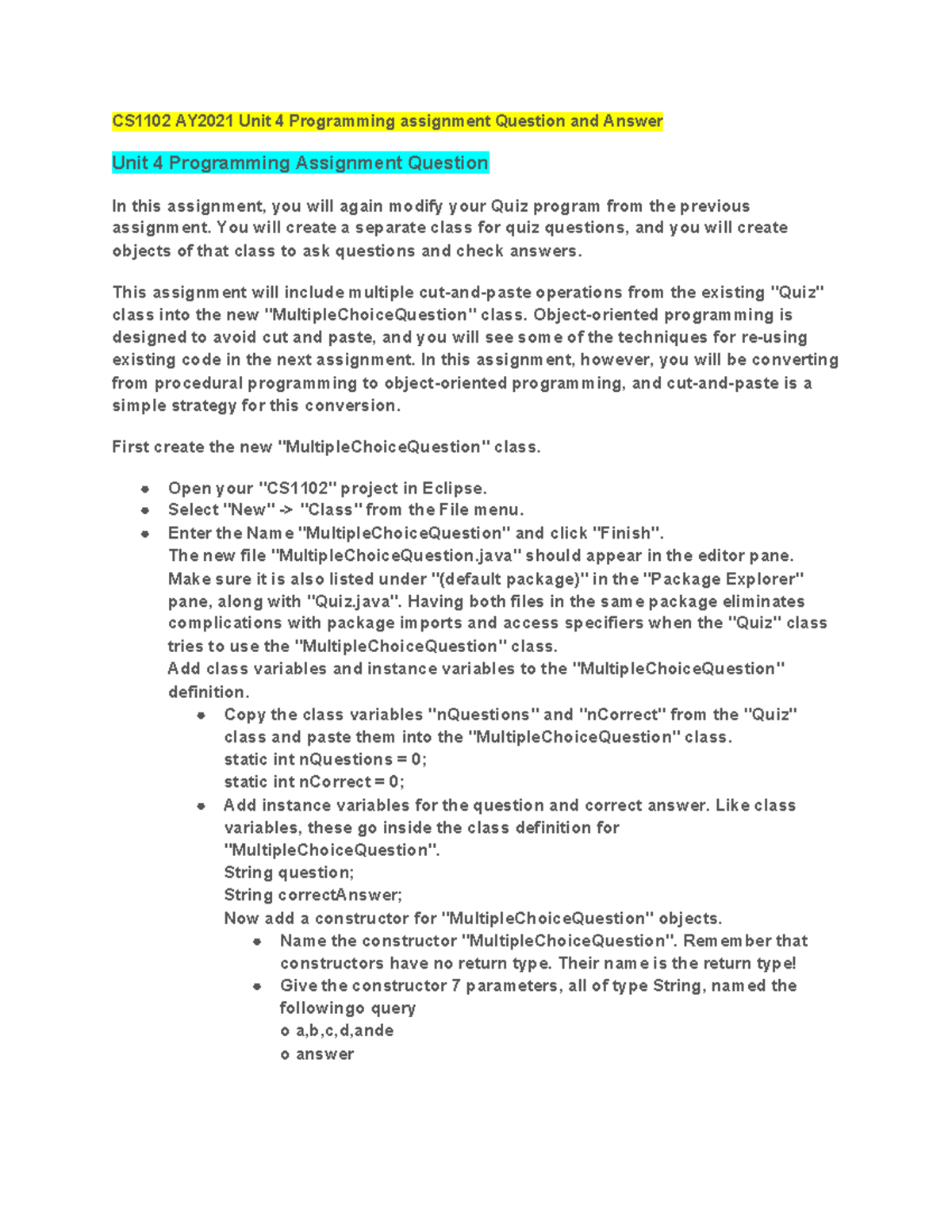 CS1102 Unit 4 Programming Assignment: Quiz Program Update Guide - Studocu