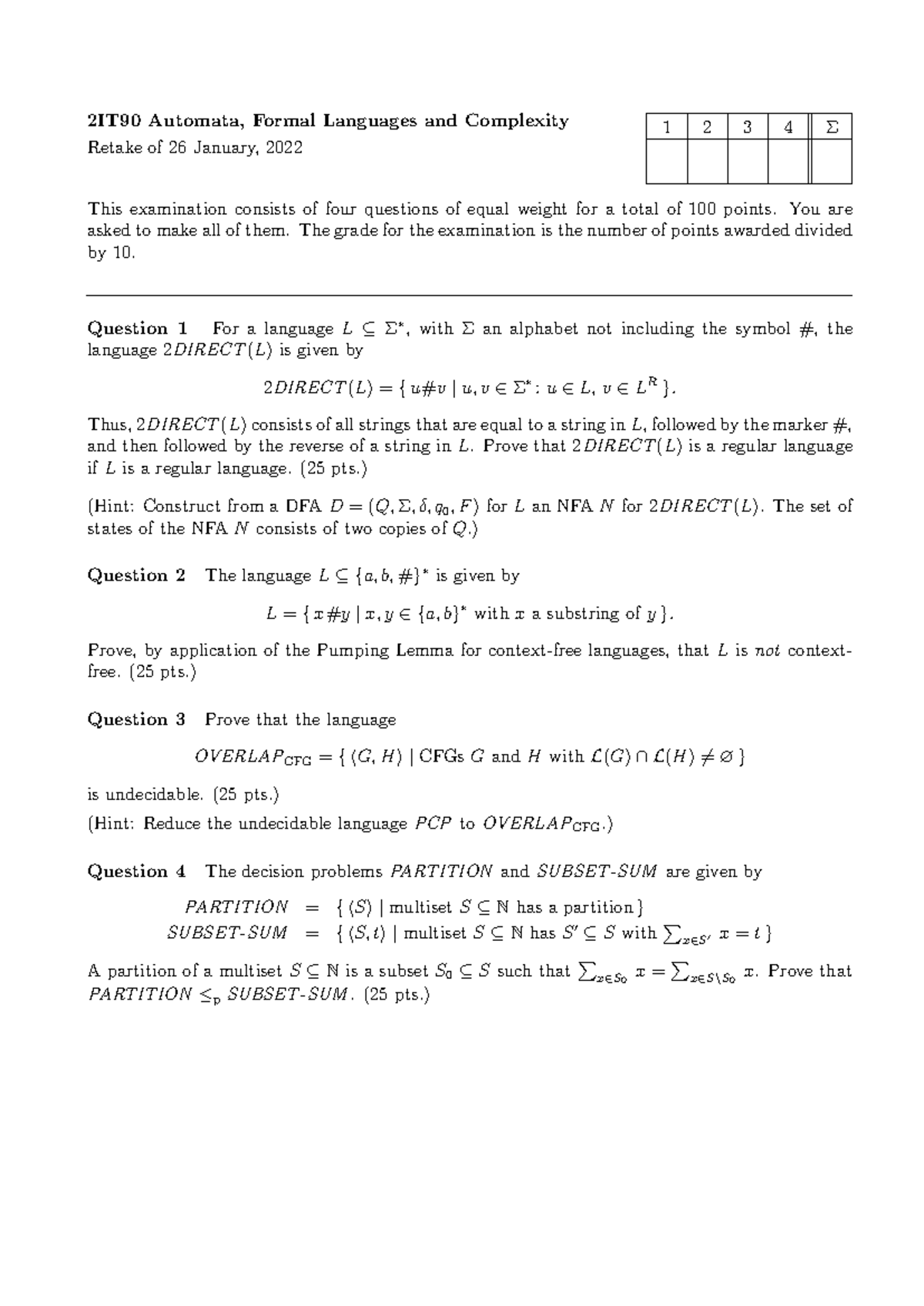 Exam-2021-resit - 2021 resit exam - 2IT90 Automata, Formal Languages and Complexity Retake of 26 ...