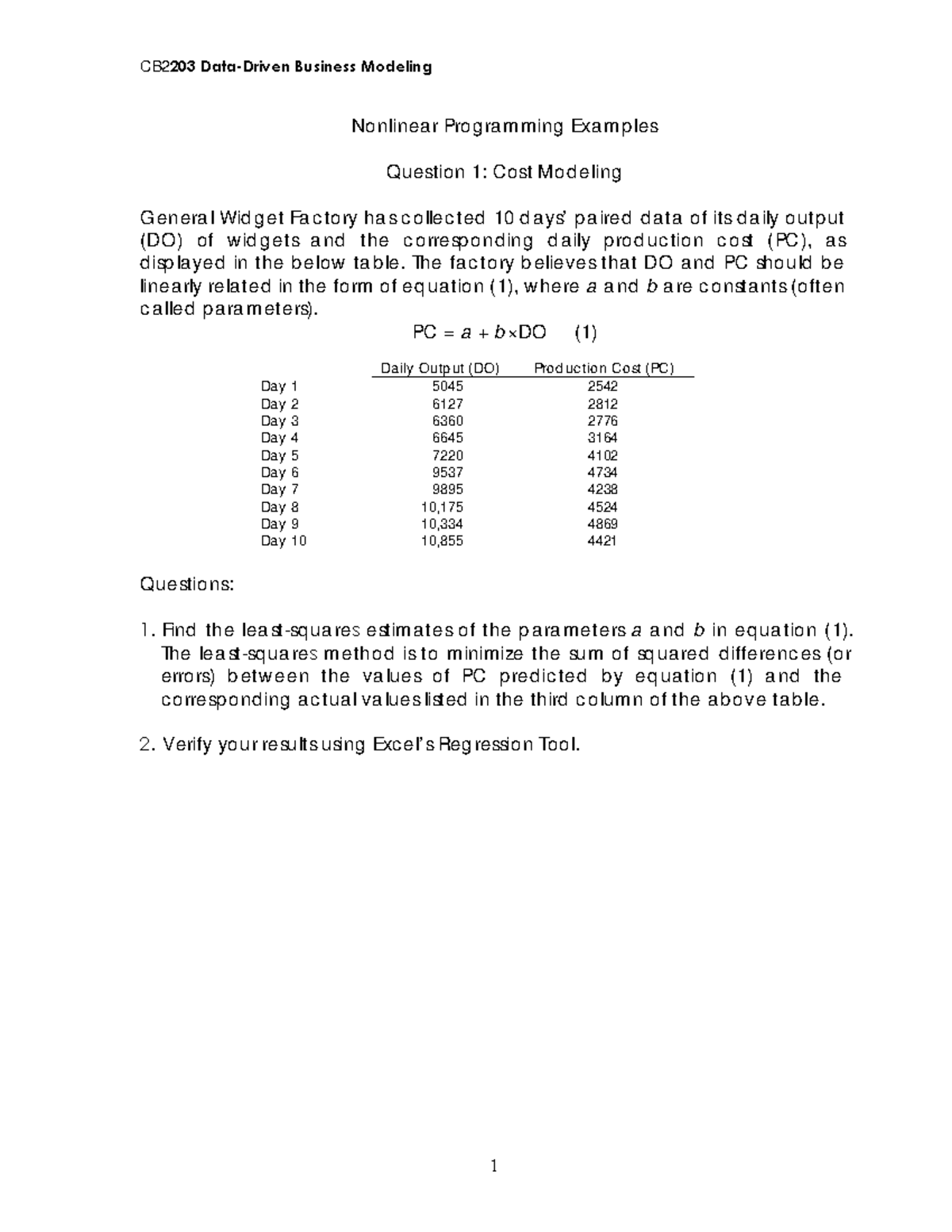 CB2203 Midterm: Nonlinear Programming Cost Modeling Examples - Studocu