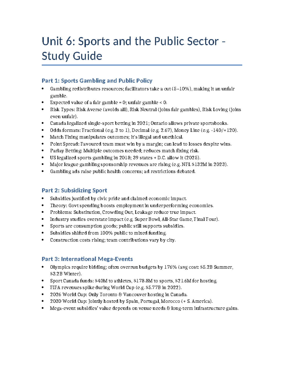 Unit 6: Sports and Public Sector Study Guide - Gambling & Subsidies ...