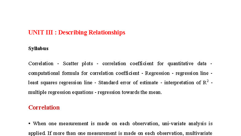 UNIT III: Correlation and Regression Analysis Notes - Studocu