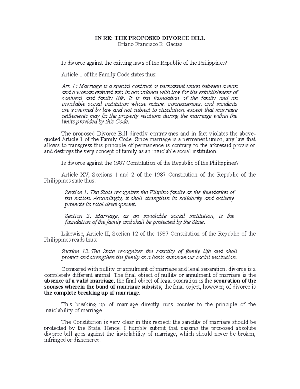 Proposed Absolute Divorce Bill: Legal and Moral Implications - Studocu