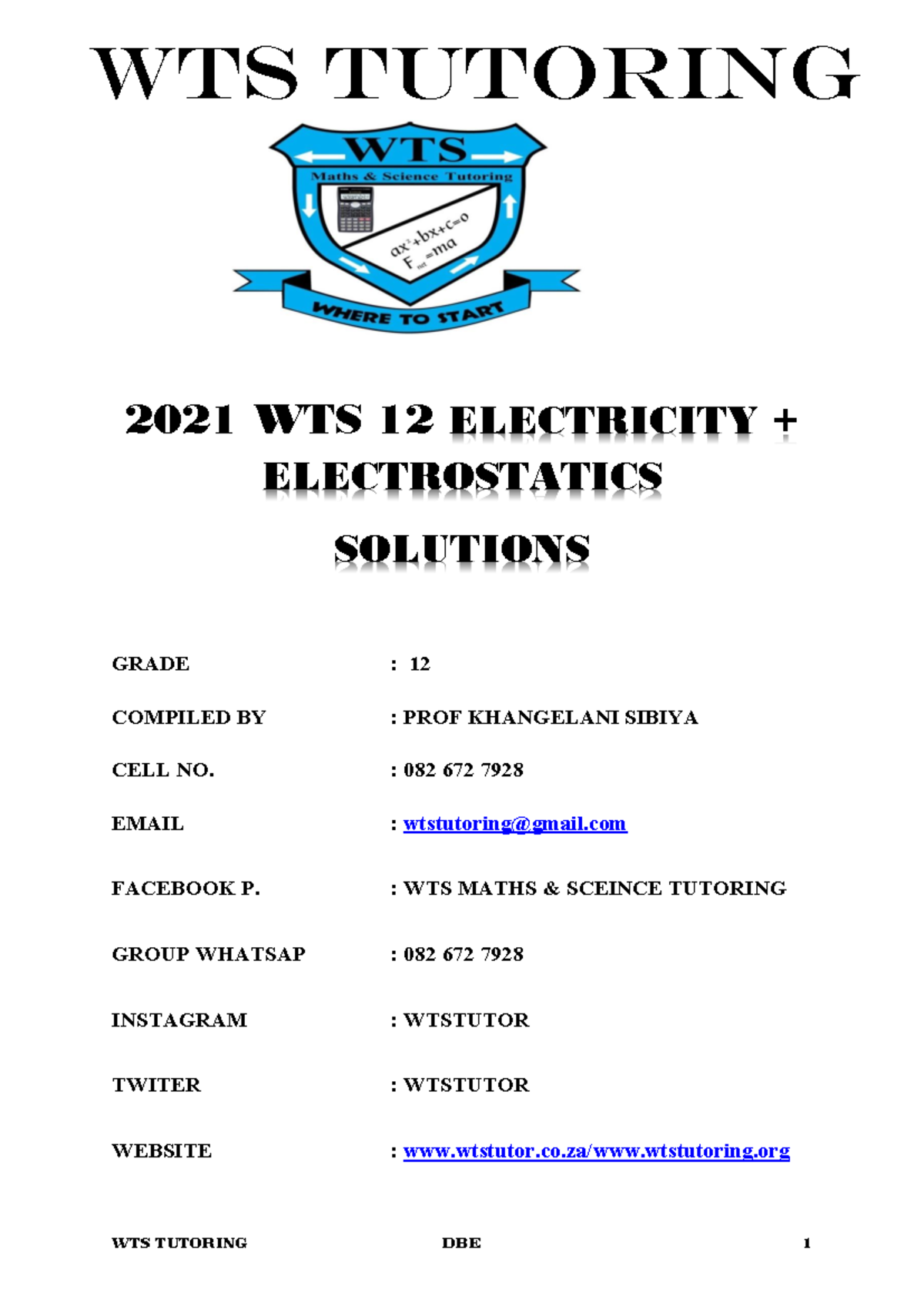2021 WTS 12 Final Solutions for Electricity and Electrostatics - Studocu