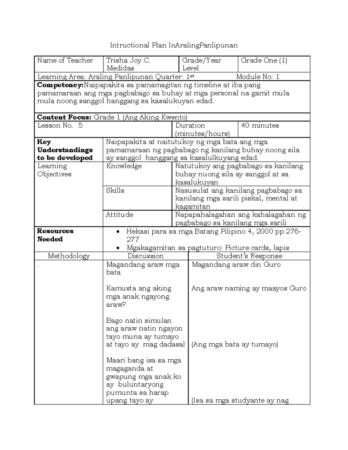 AP- Grade 1: Instructional Plan for Araling Panlipunan - 1st Quarter ...