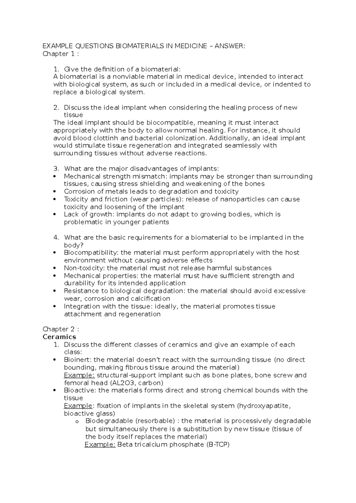 Example Questions Biomaterials IN Medicine Answers - EXAMPLE QUESTIONS ...