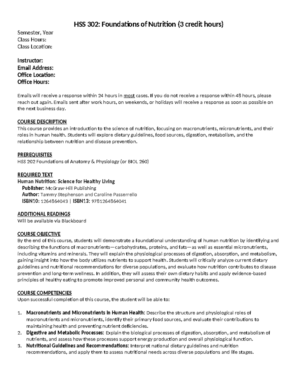 HSS 302 Foundations of Nutrition: Comprehensive Course Syllabus - Studocu