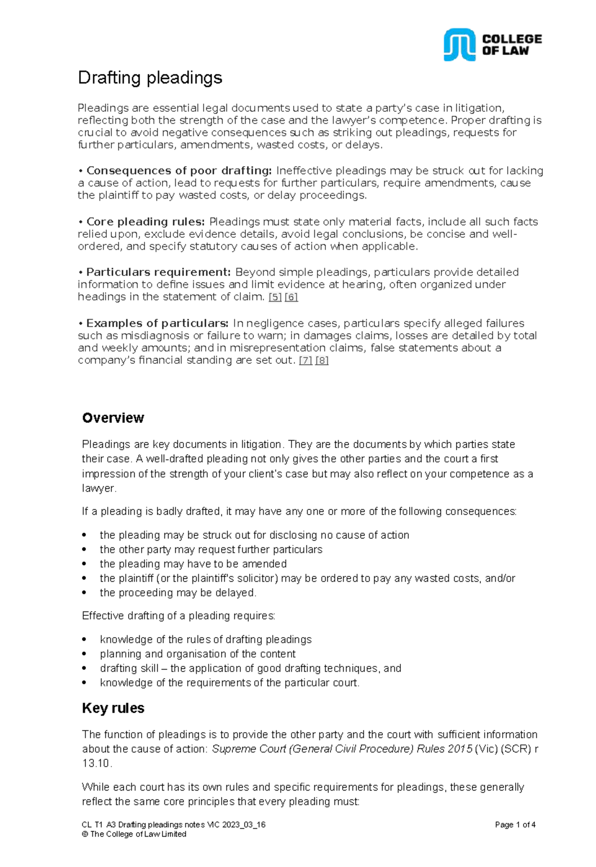 CL T1 A3 Drafting Pleadings Notes - VIC 2023 - Studocu