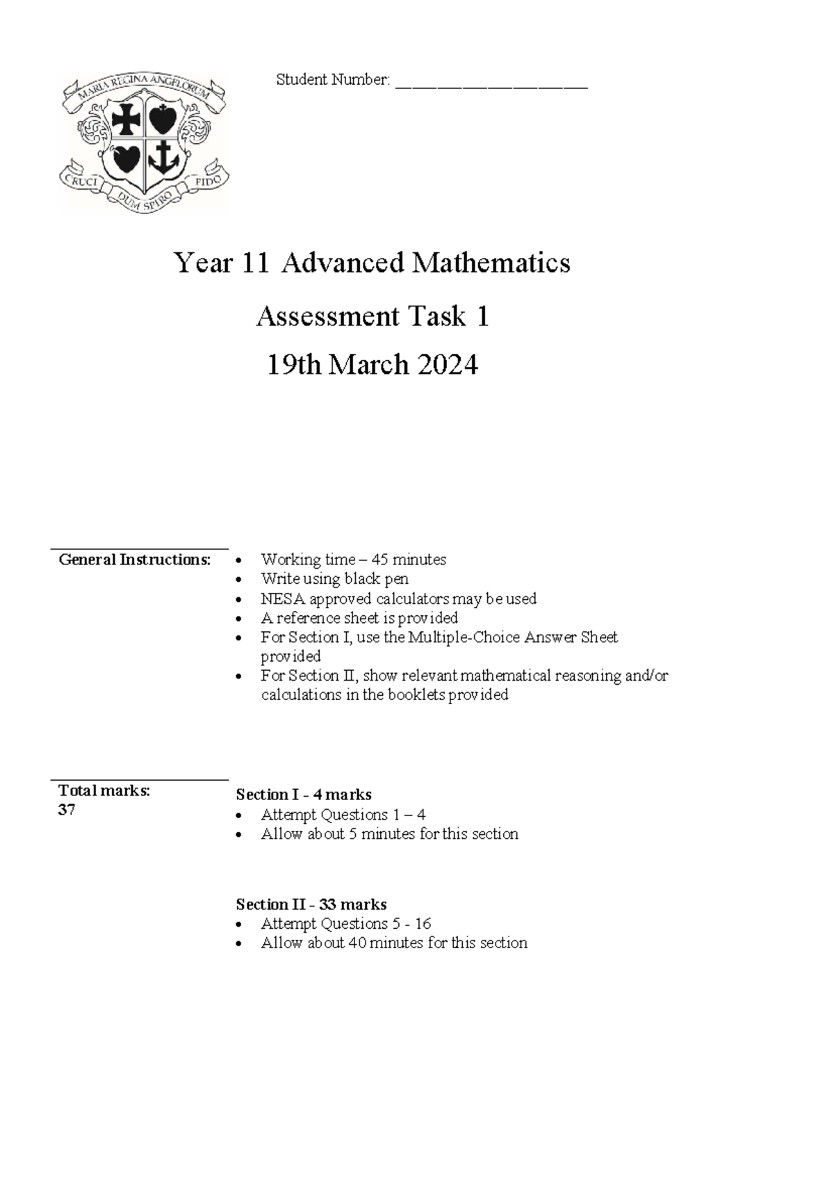 Year 11 Adv Math Assessment Task 1 - 19th March 2024 - Studocu