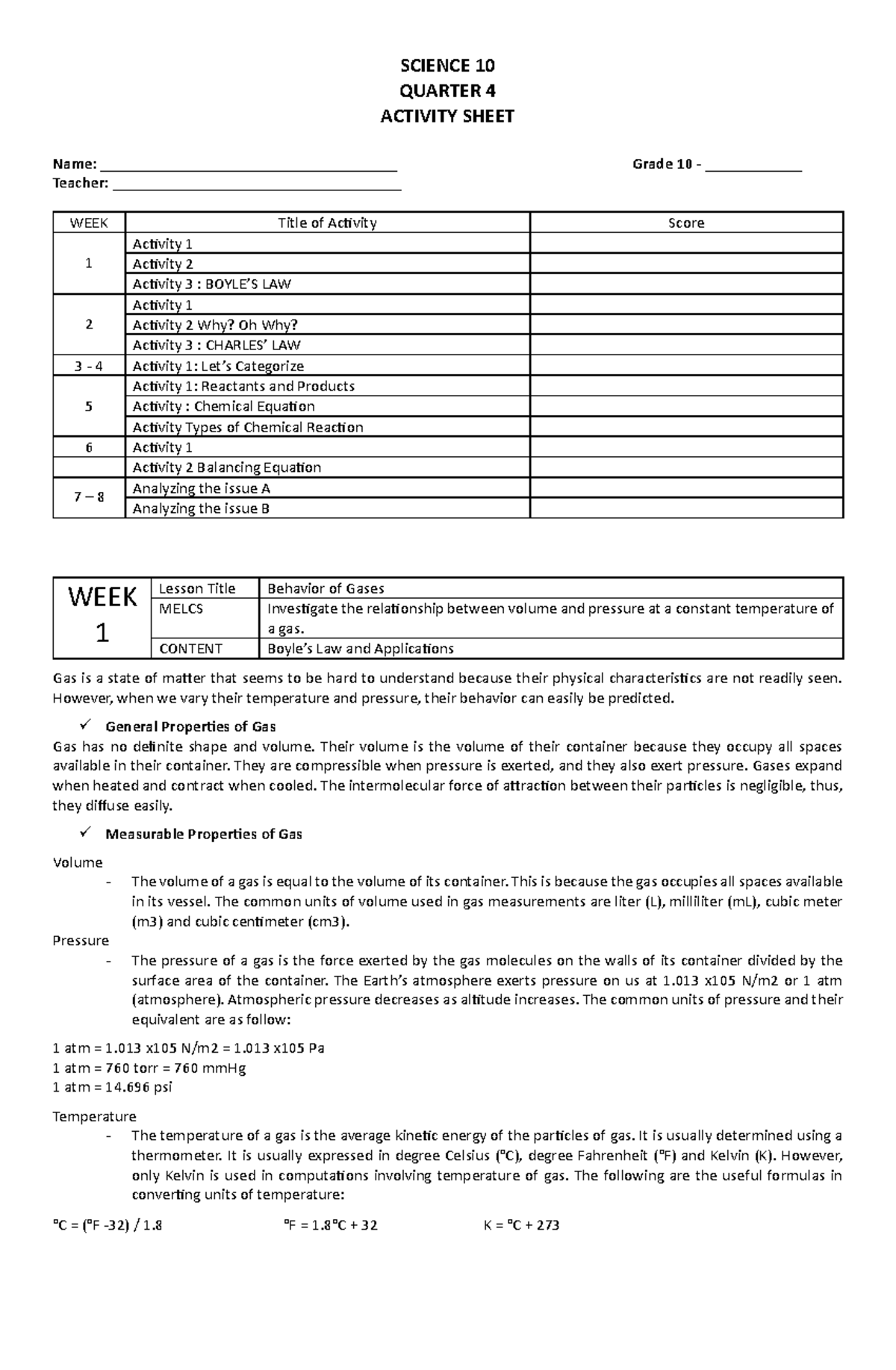 Q4 SCI10 Activity Sheets: Gas Laws & Chemical Reactions Overview - Studocu