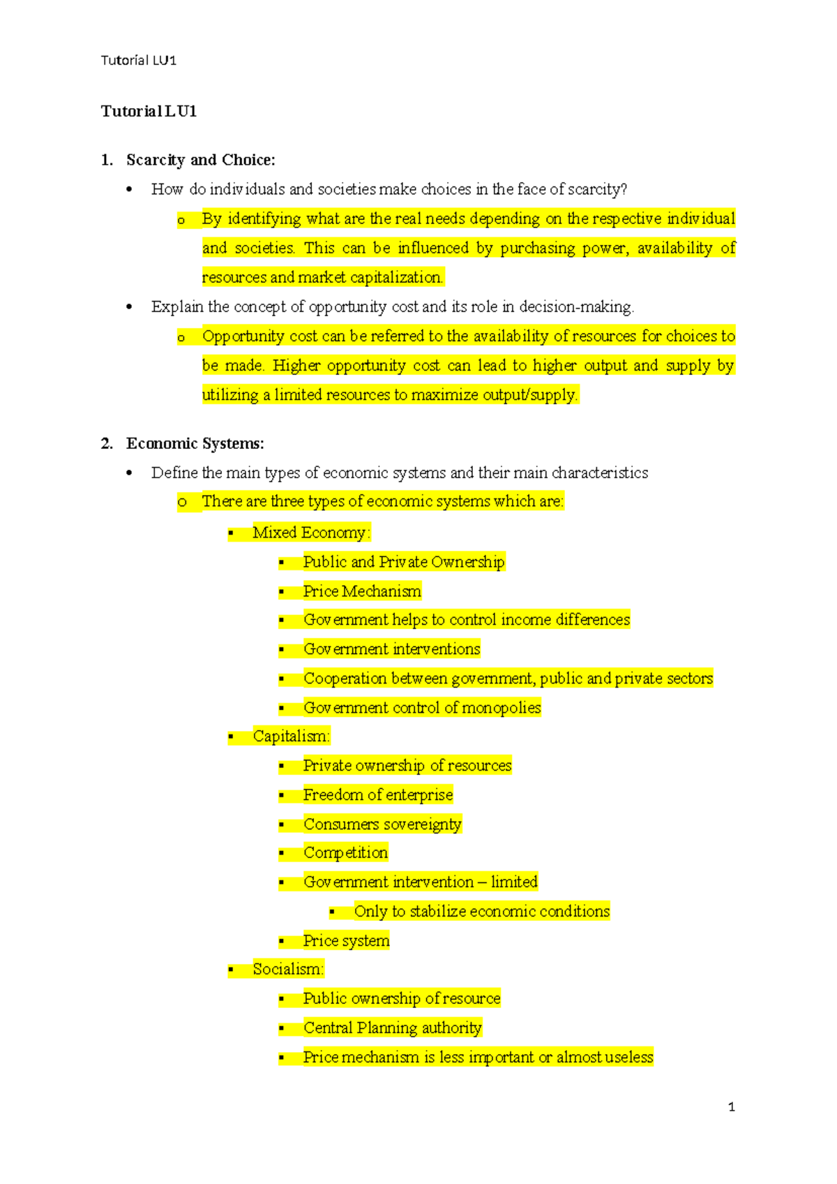 Tutorial LU1 - Economic Concepts and Decision-Making Analysis - Studocu