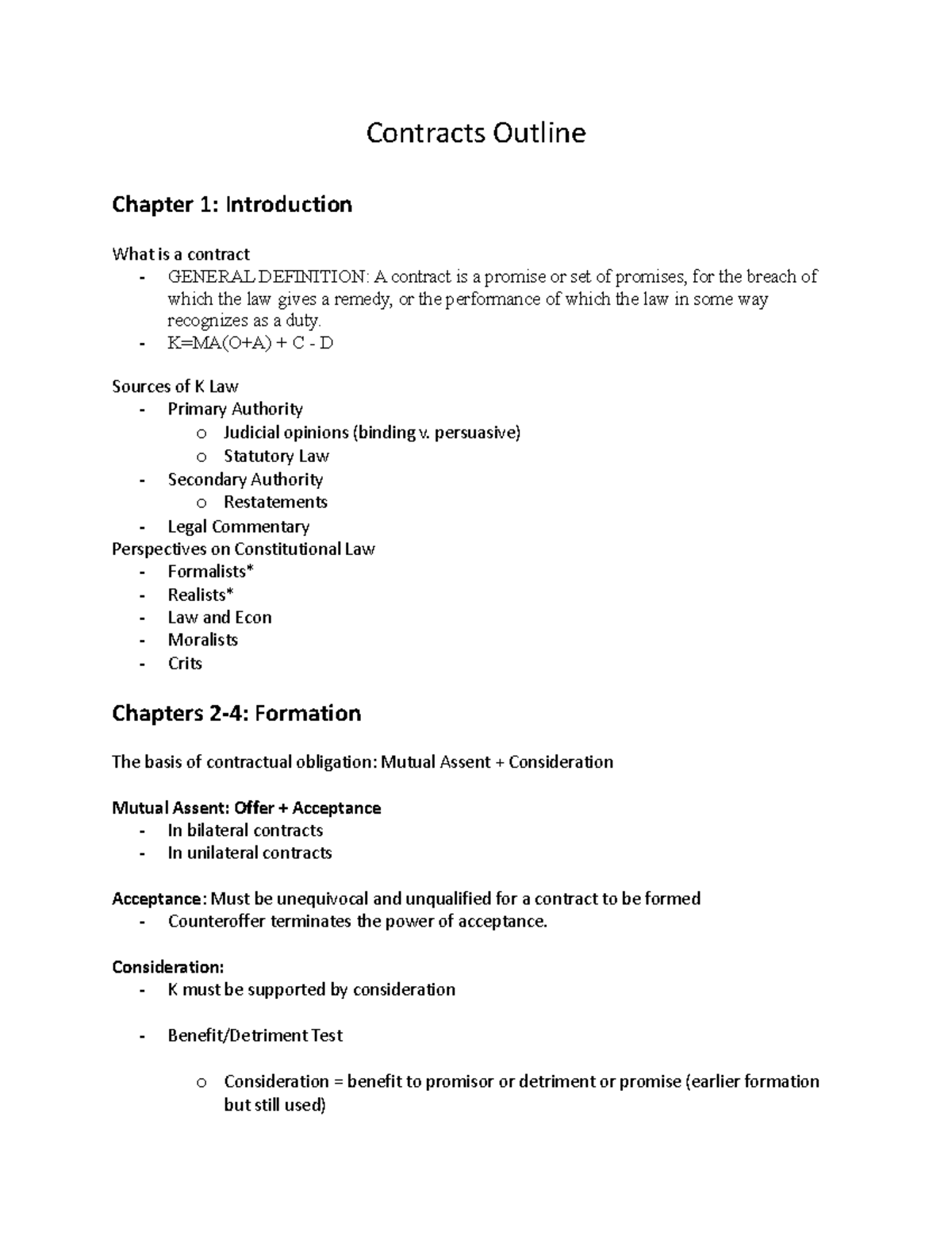 Contracts Outline: Key Principles and Case Summaries for Law Course ...
