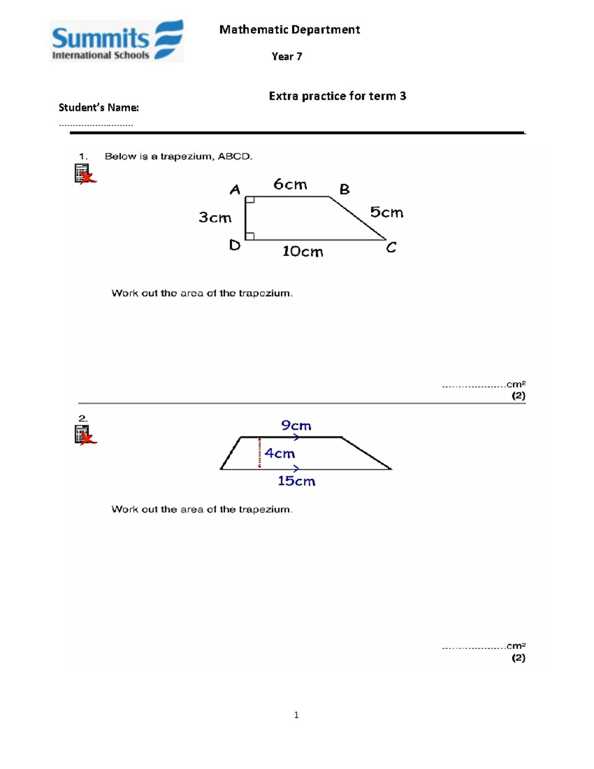 Year 7 Extra Practice for Term 3 - Mathematics - Studocu