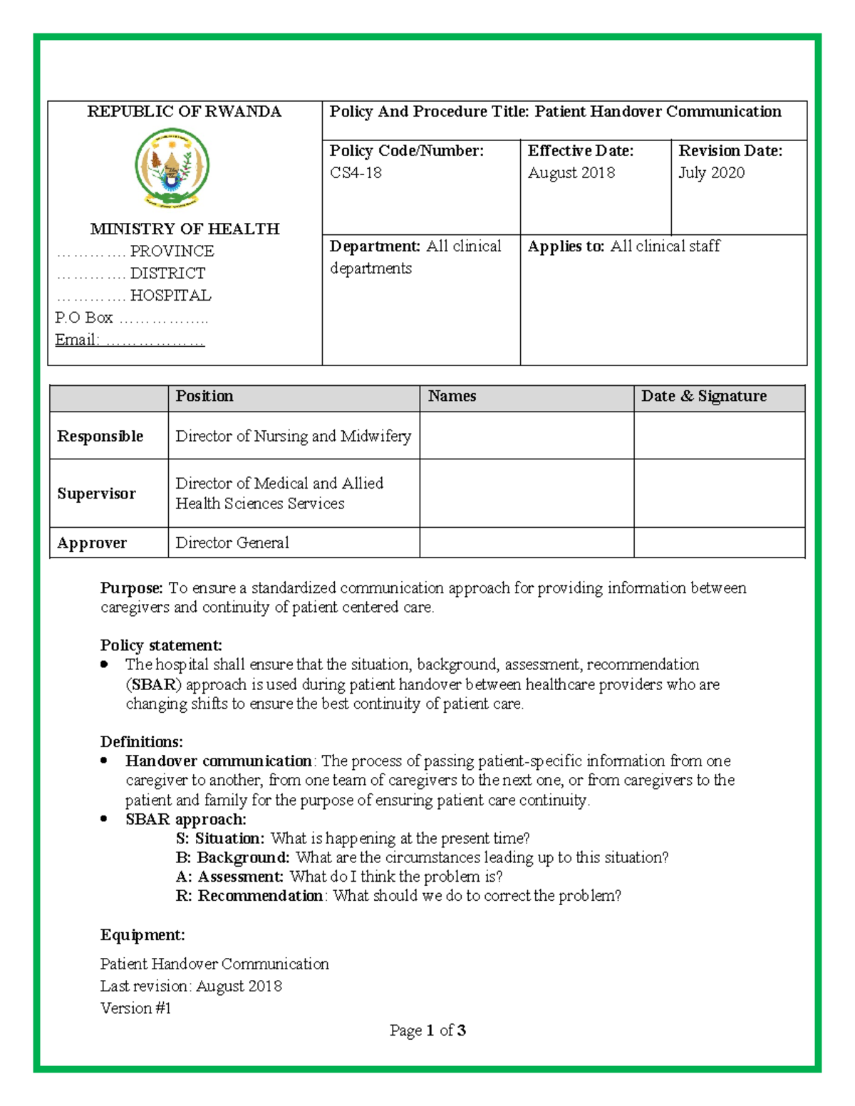 CS4-18 Patient Handover Communication Policy and Procedures - Studocu