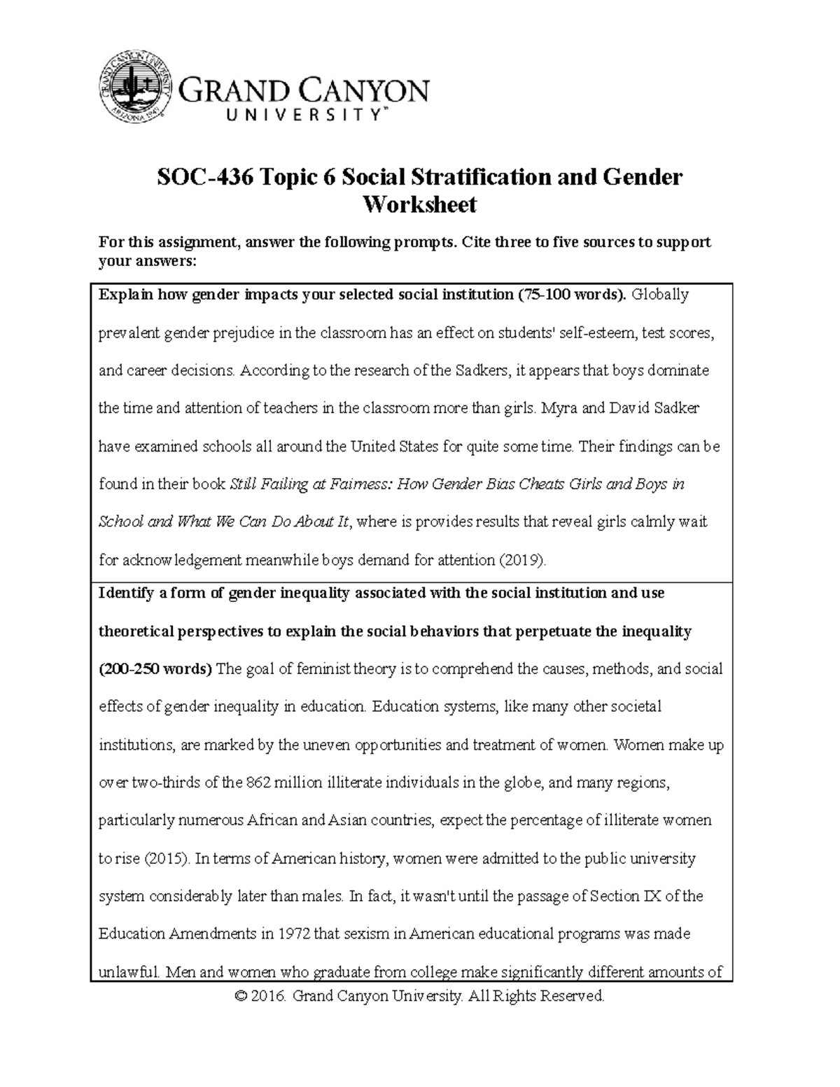 SOC-436 Topic 6 Worksheet: Gender & Social Stratification Analysis ...