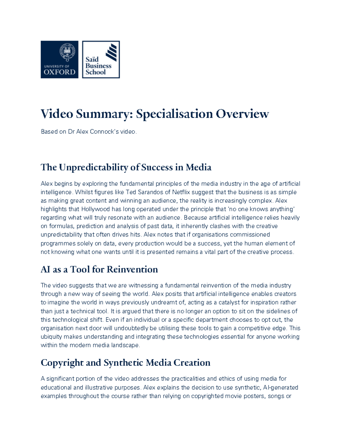 Video Summary: Specialisation Overview on AI in Media - Studocu
