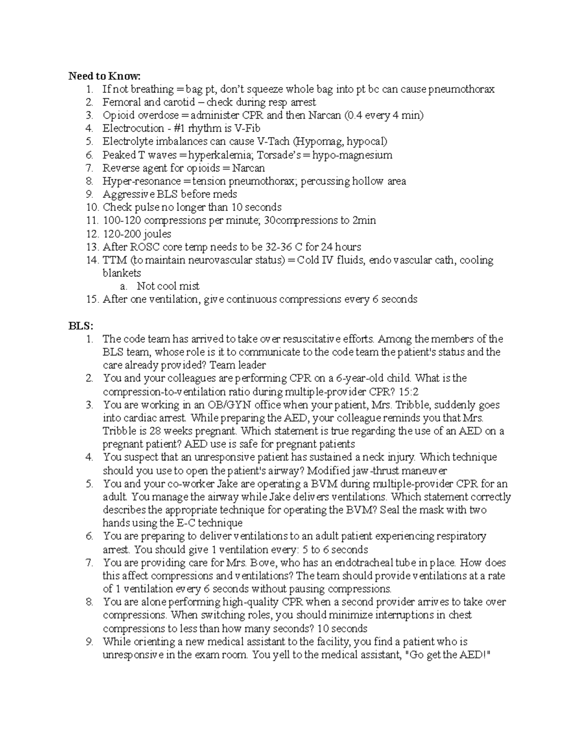 BLS need to know - Lecture notes BLS - Need to Know: 1. If not ...