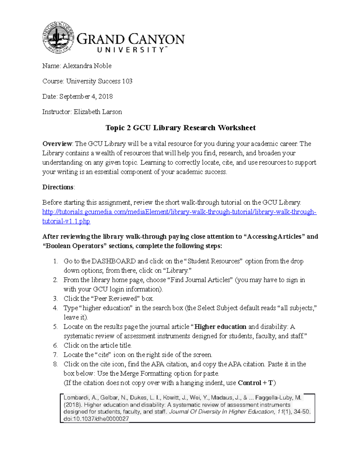 University Success 103: GCU Library Research Assignment Guide - Studocu