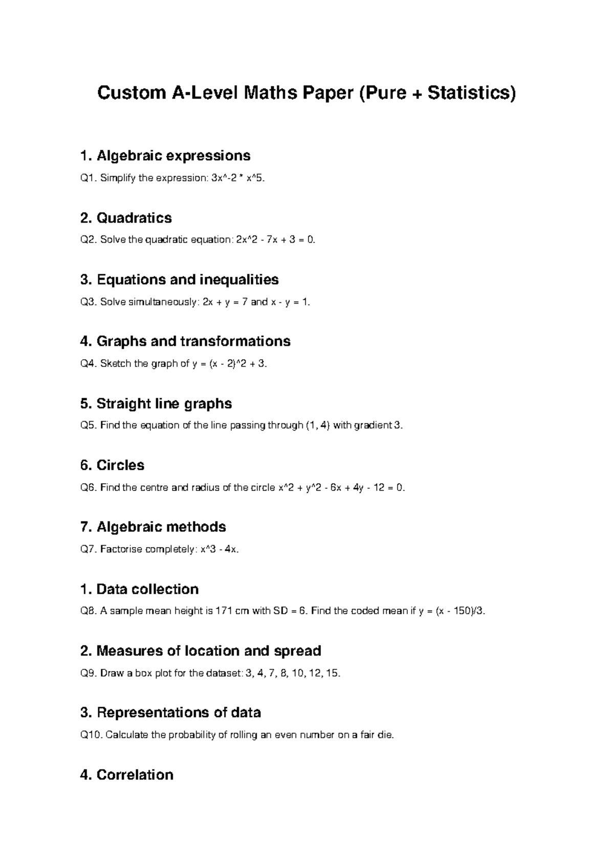 Custom Maths Paper (Pure Statistics) - Algebra & Data Analysis - Studocu
