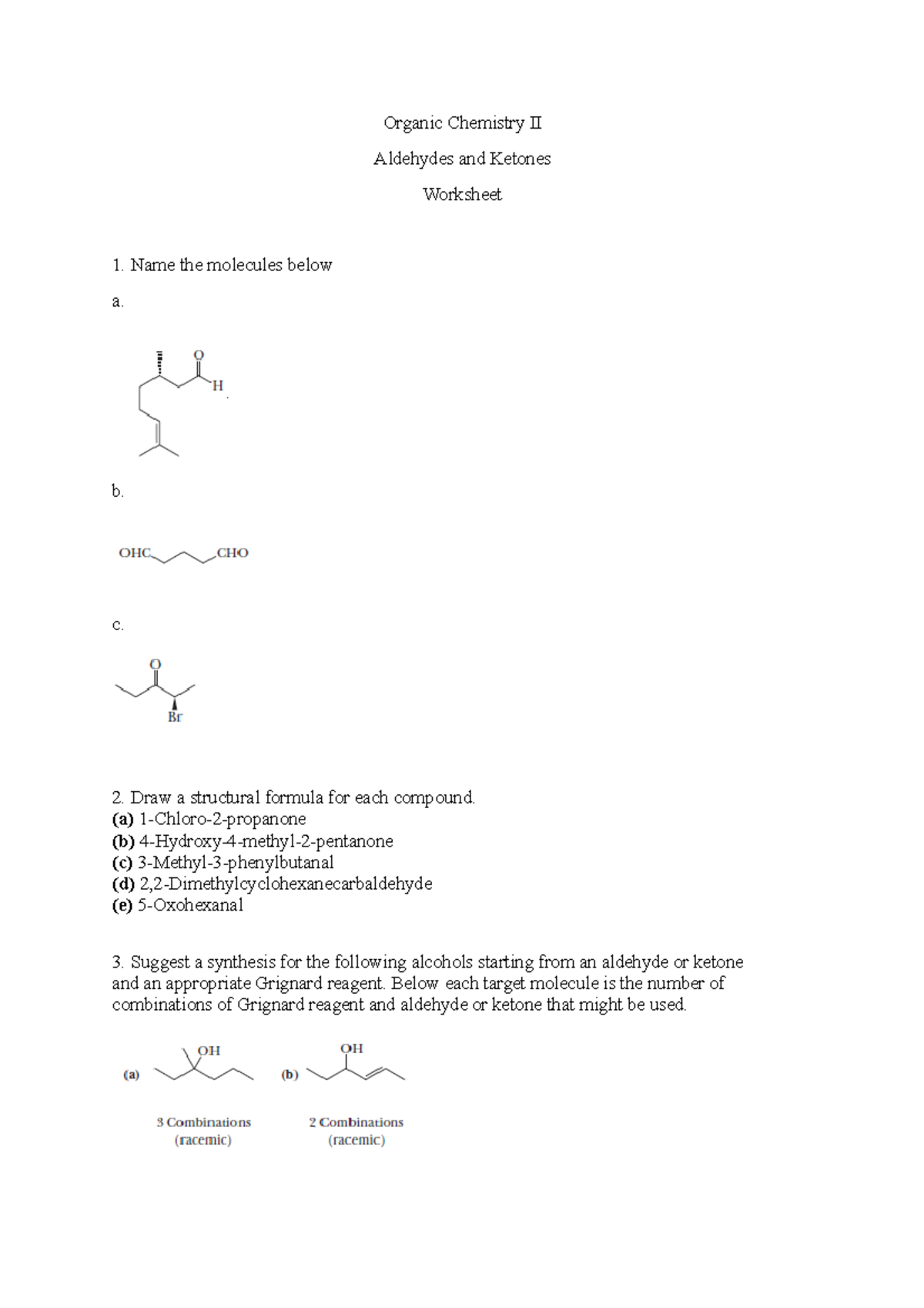 Organic Chemistry II: Aldehydes & Ketones Worksheet for Practice - Studocu
