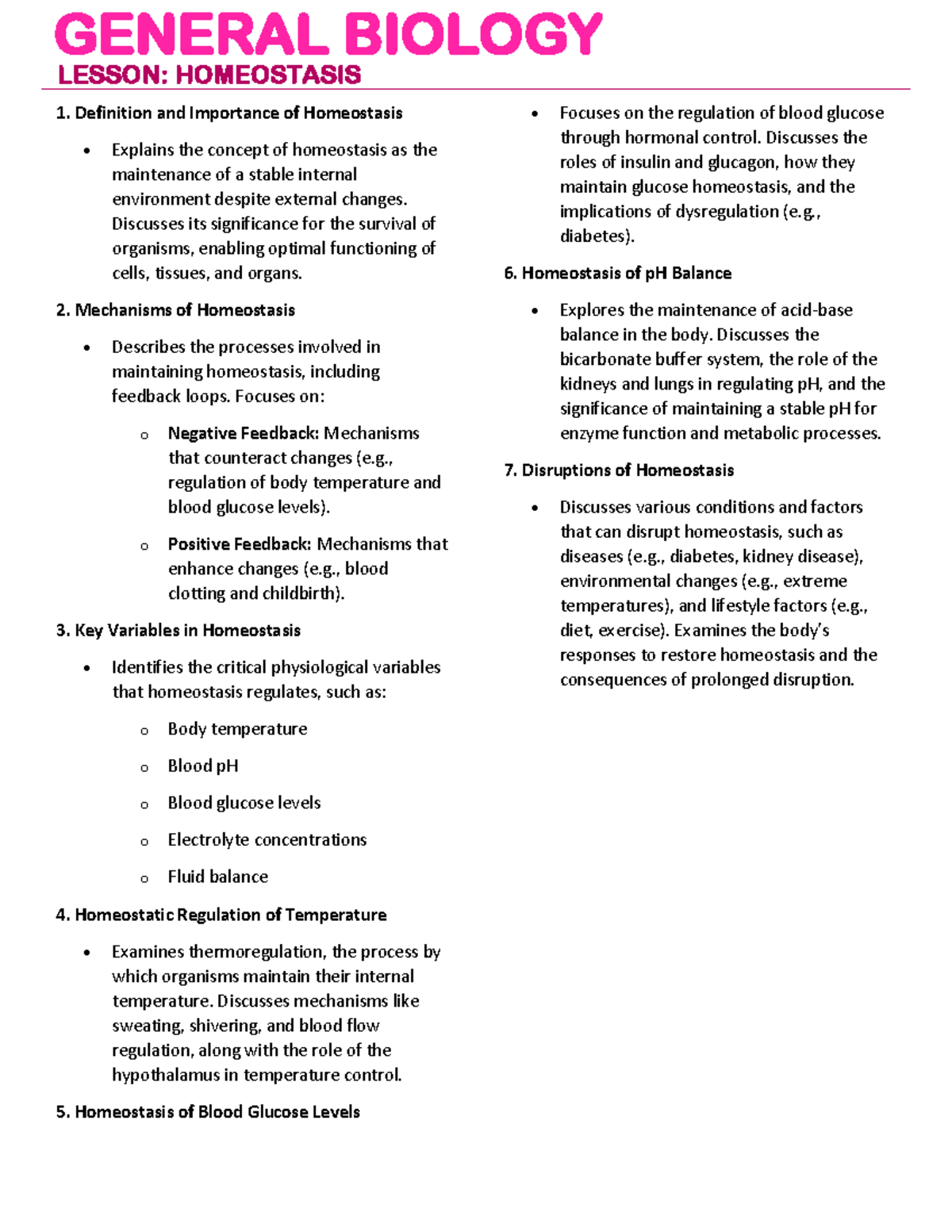 Gen Bio Lesson: Understanding Homeostasis and Its Mechanisms - Studocu