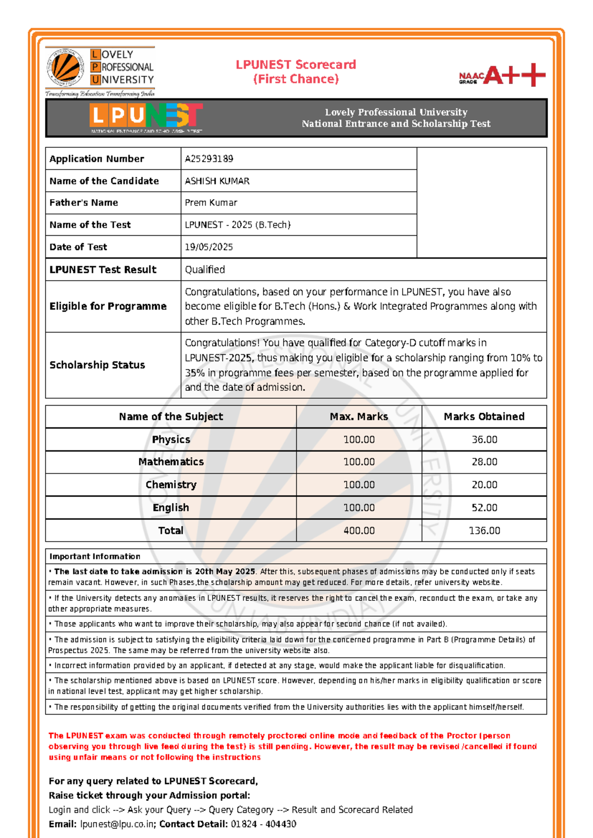 LPUNEST 2025 Scorecard - First Chance Result for Ashish Kumar - Studocu