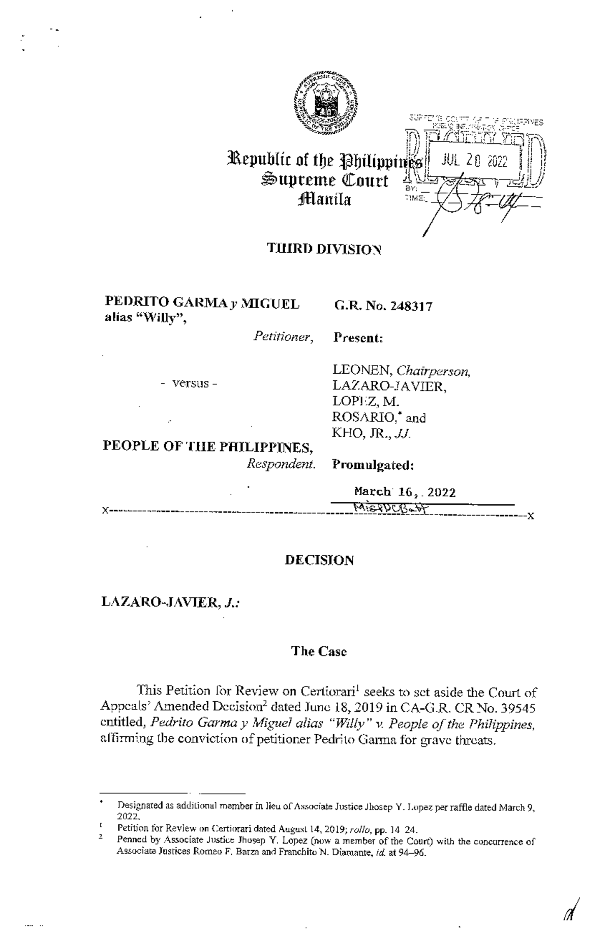 Garma vs. People: G.R. No. 248317 Decision on Grave Threats (Mar 16 ...