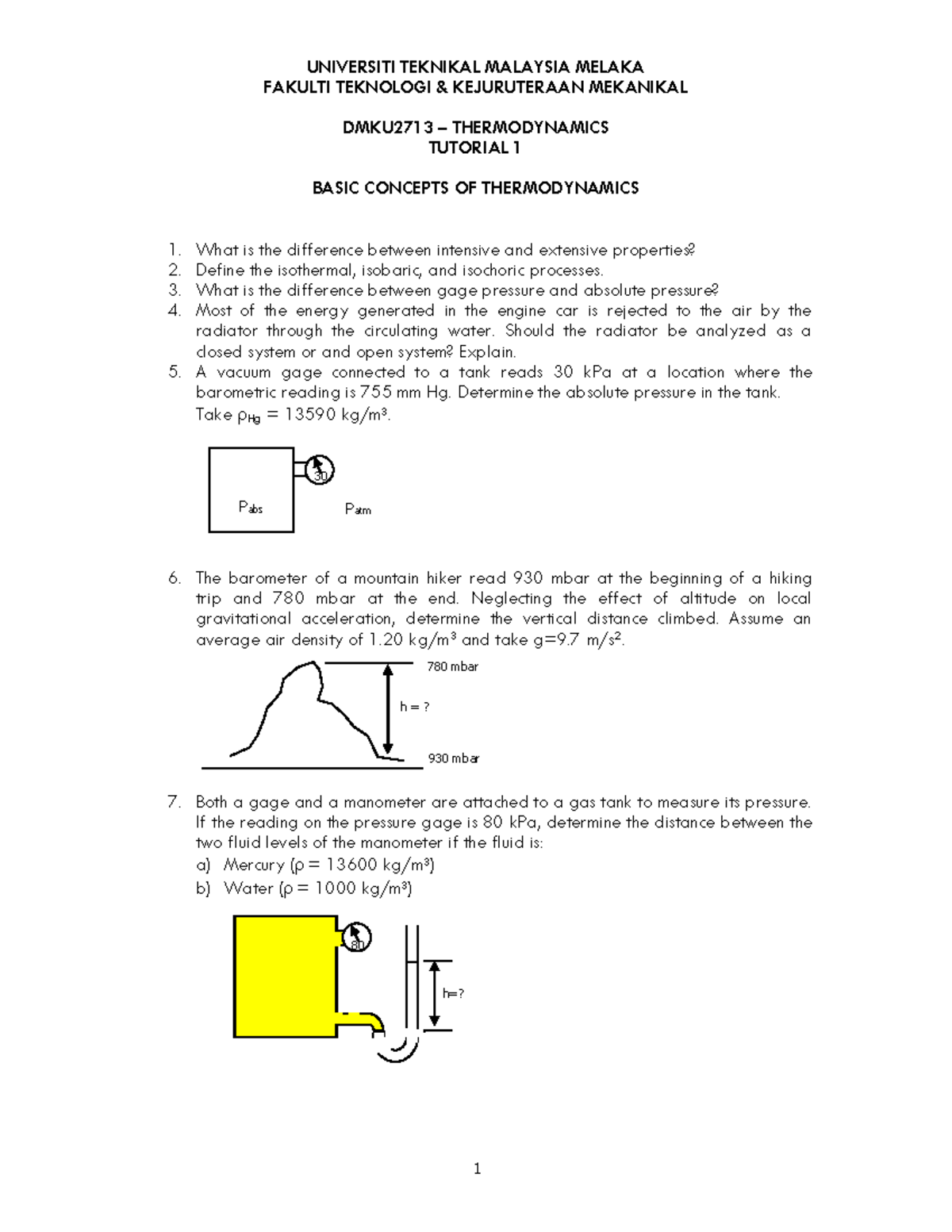 DMKU2713 Thermodynamics Tutorial 1: Basic Concepts & Pressure Analysis - Studocu