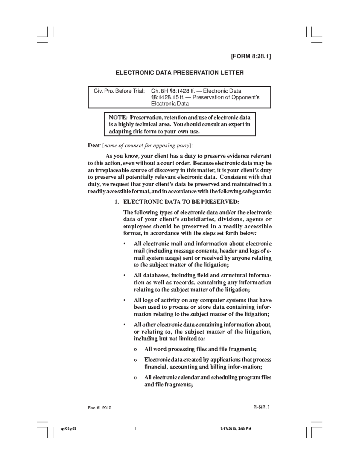 Litigation Hold Letter - [FORM 8:28] ELECTRONIC DATA PRESERVATION ...