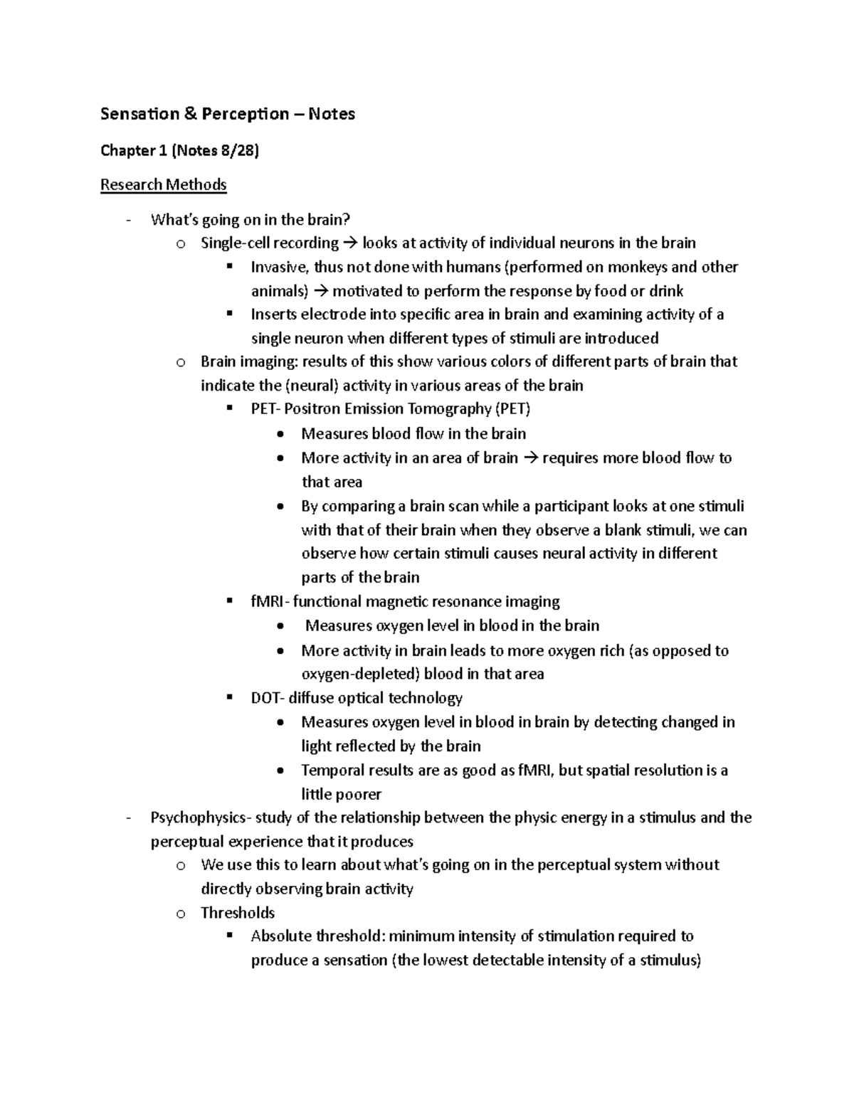 Sensation & Perception Class Notes CH 1: Key Concepts & Theories - Studocu