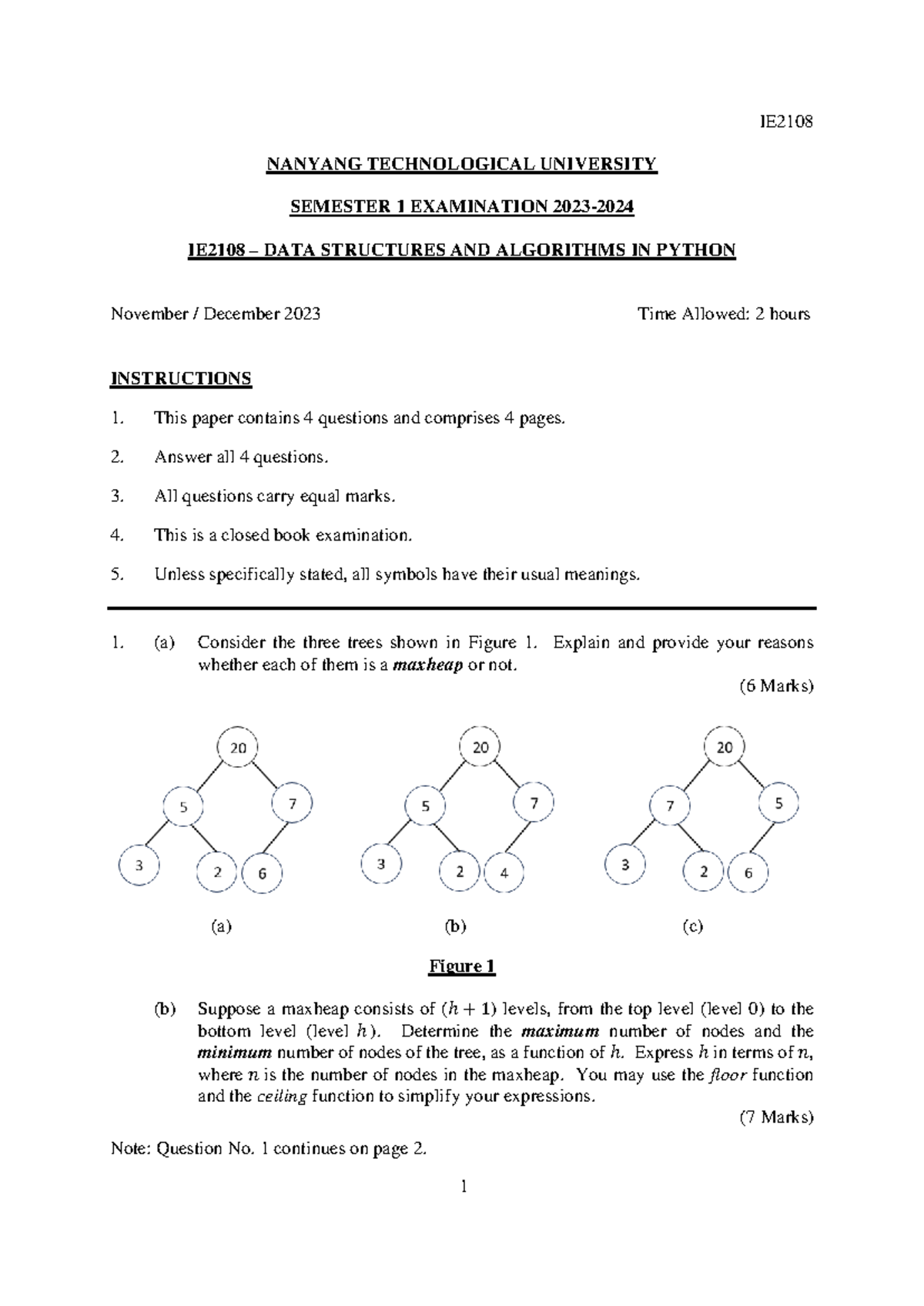 IE2108 2023S1 Final Exam Paper: Data Structures & Algorithms in Python - Studocu