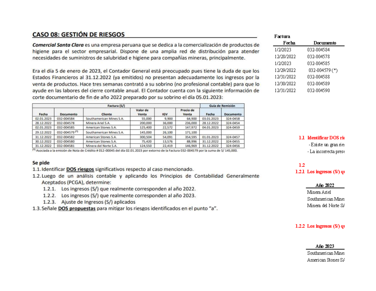 Gestión de Riesgos - Caso Santa Clara - Tarea 1.1 y 1.2 - Studocu