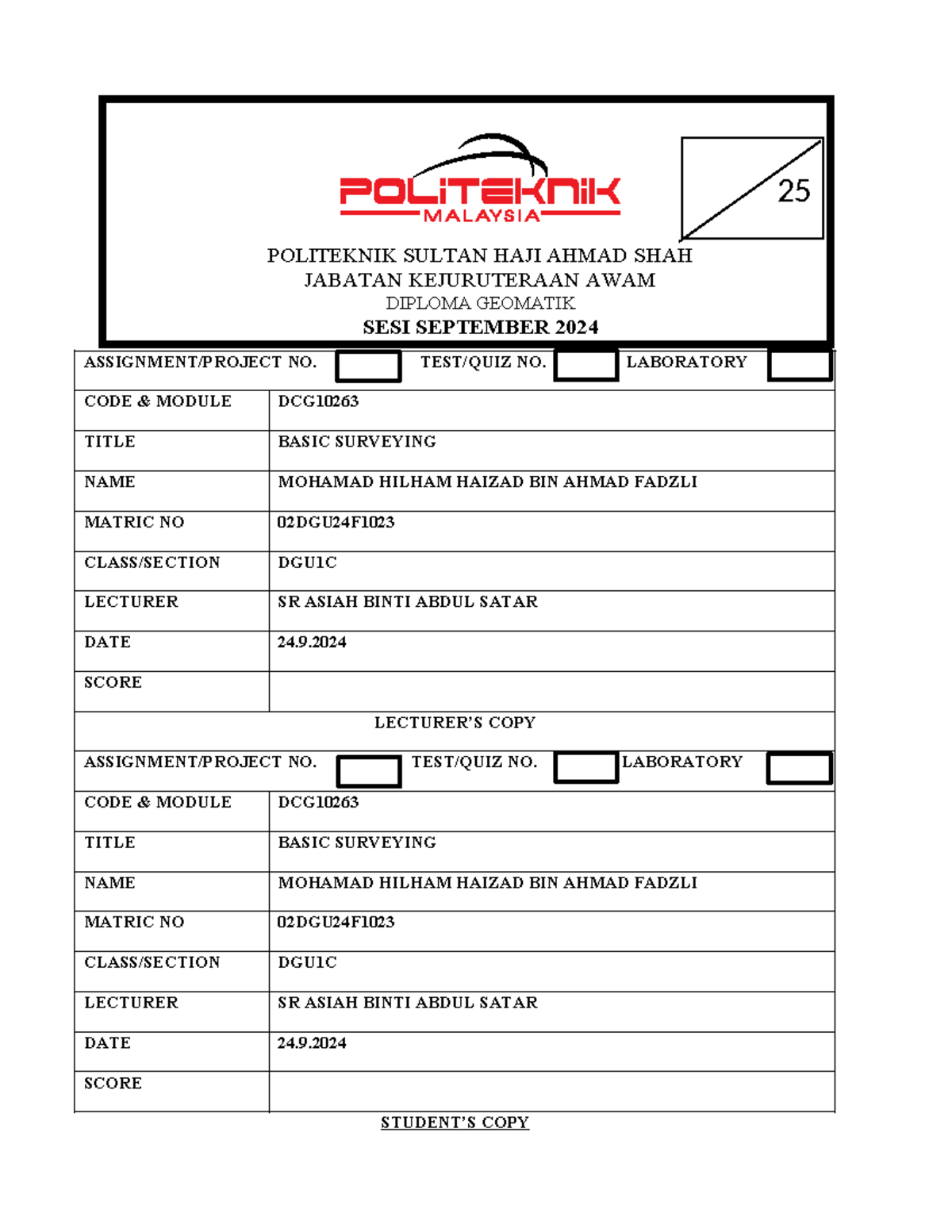 02DGU24F1023 - Basic Surveying DFT Report for Geomatik Diploma - Studocu