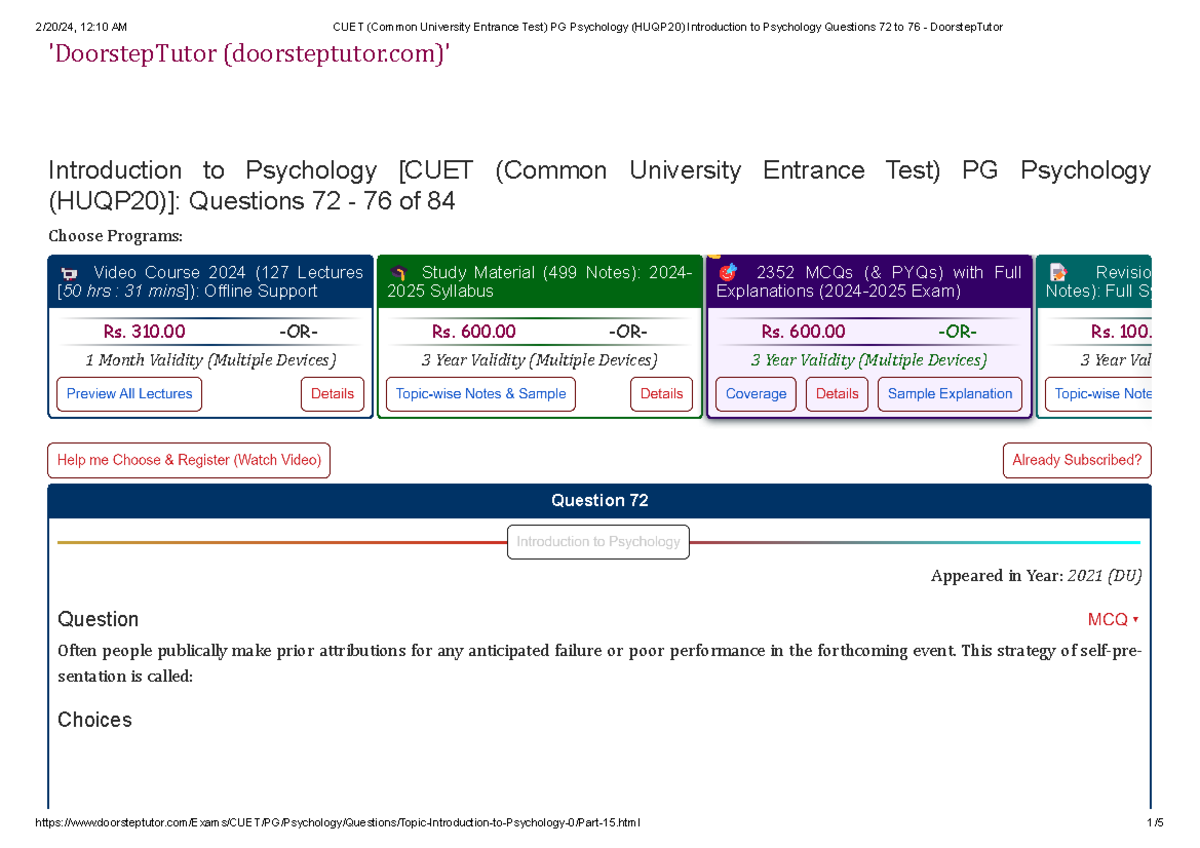 CUET PG Psychology (HUQP20) Intro to Psychology Q72-Q76 Study Guide ...