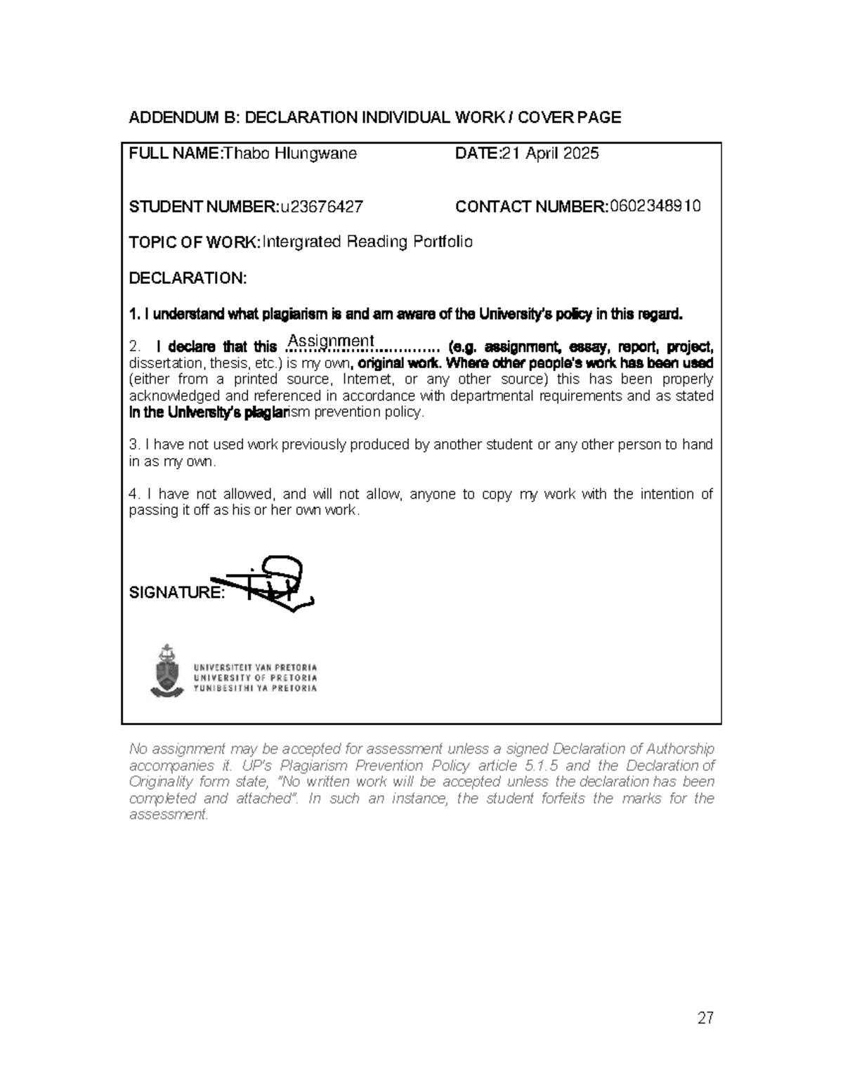 Declaration of Individual Work - Assignment 2 (u23676427) - Studocu
