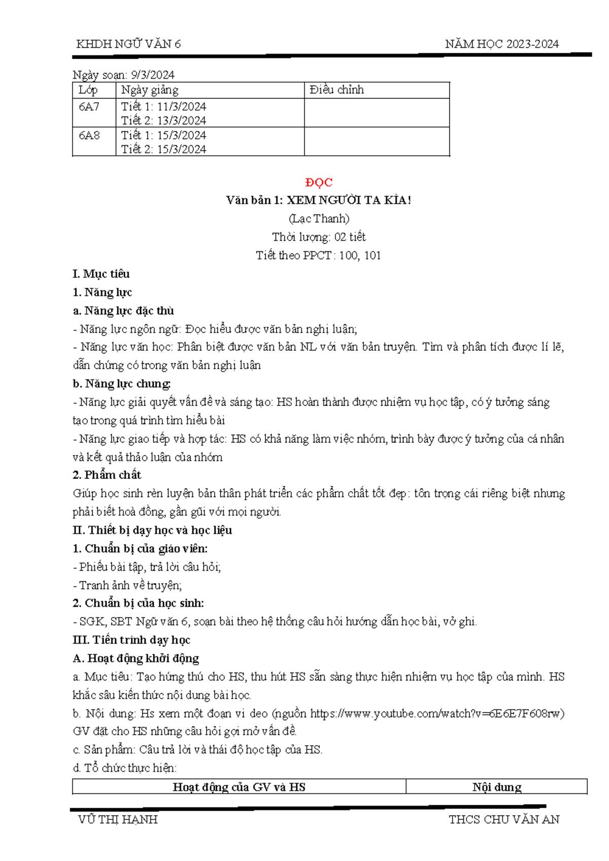 KHDH NGỮ VĂN 6: Tiết 100 - Xem Người Ta Kìa! (Lạc Thanh) - Studocu