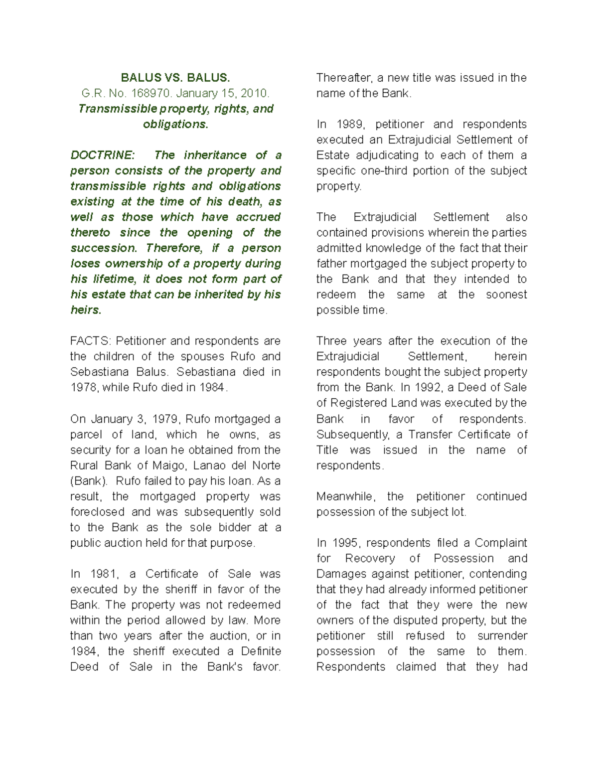 Balus VS. Balus, 2010: Transmissible Property & Inheritance Rights ...