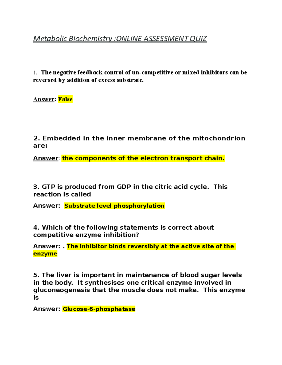 Online Quiz MB: Metabolic Biochemistry Assessment Questions - Studocu