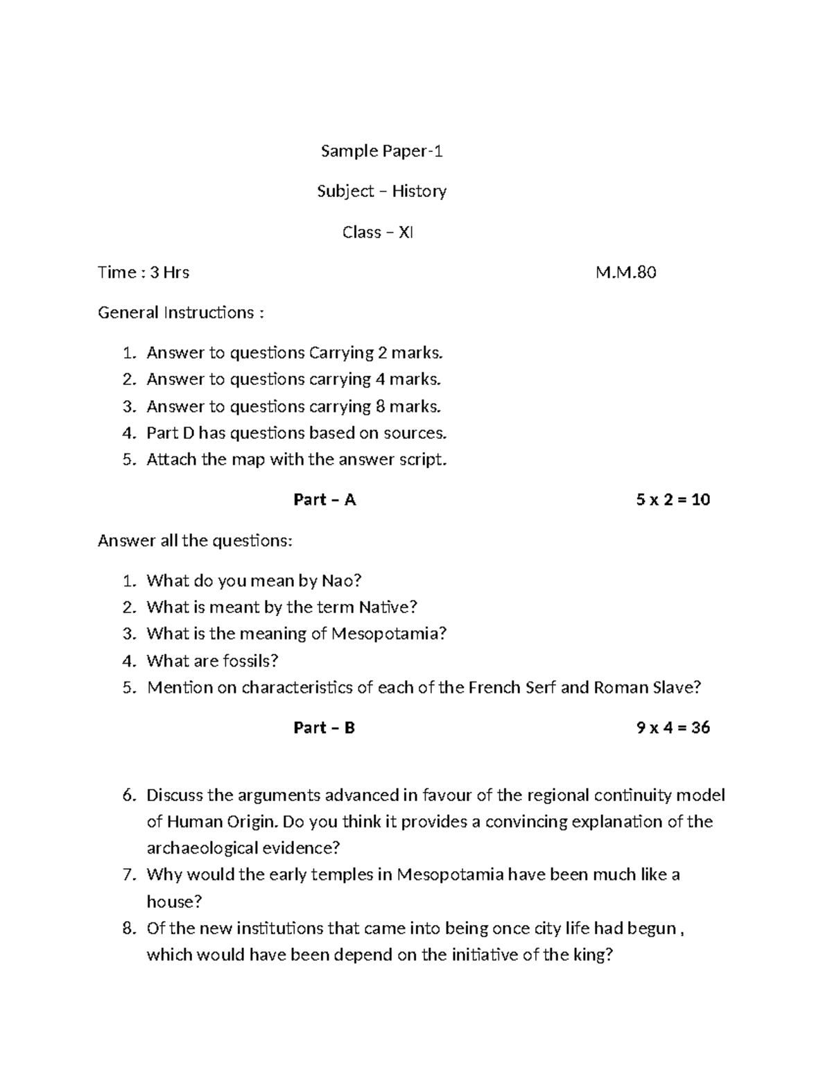 XI History Class Sample Practice Paper - SET 1 - Studocu