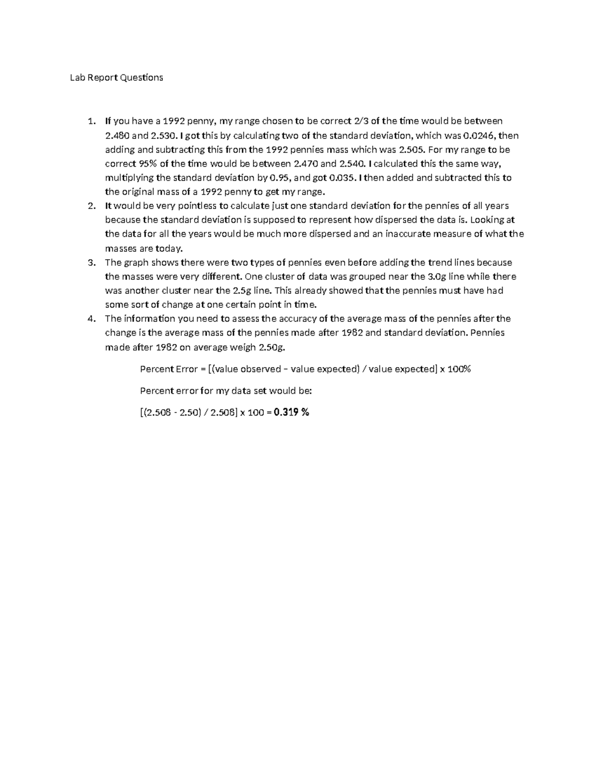 Lab Report 1: Analysis of 1992 Penny Mass and Standard Deviation - Studocu