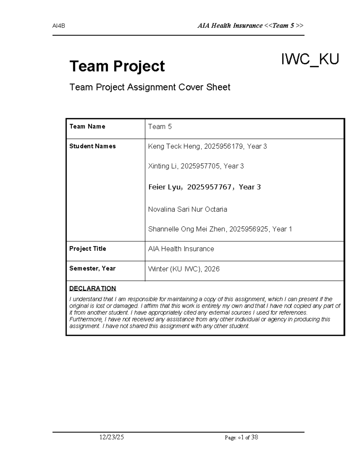 AI4B IWC Team Project: AIA Health Insurance Strategy Report - Studocu