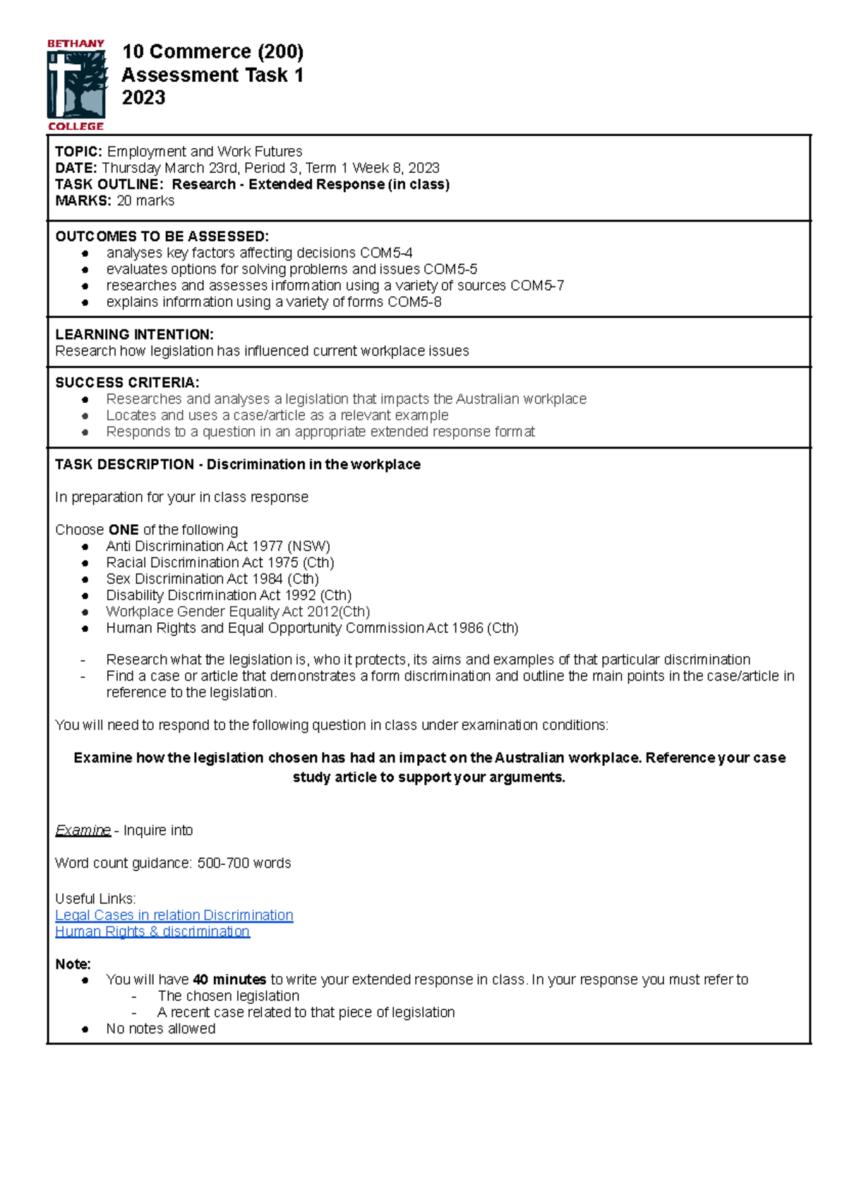 2023 Assessment Task 1 - Employment and Work Futures - 10 Commerce (200 ...